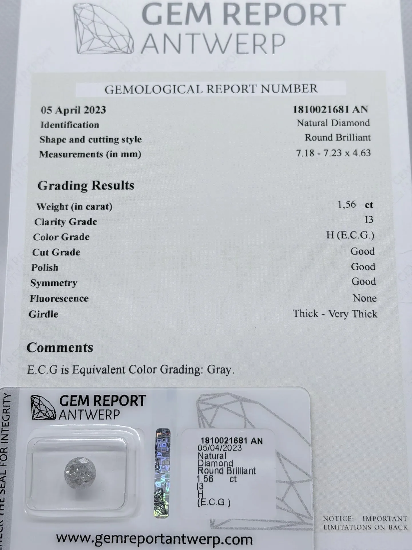 1.56-carat DIAMOND, certificate of guarantee, certificate is an ...