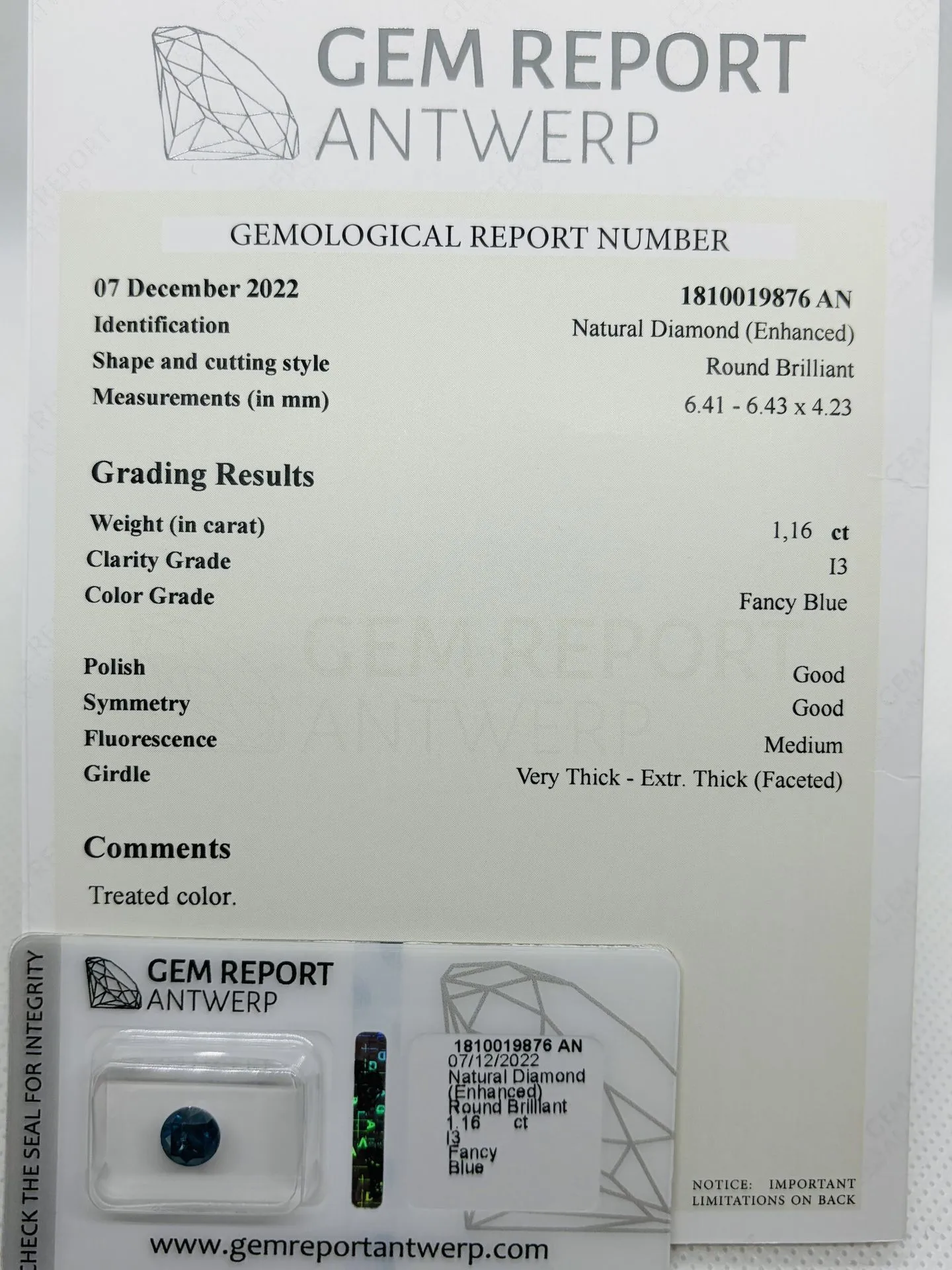 1.16-carat BLUE DIAMOND, warranty certificate, certificate is an ...