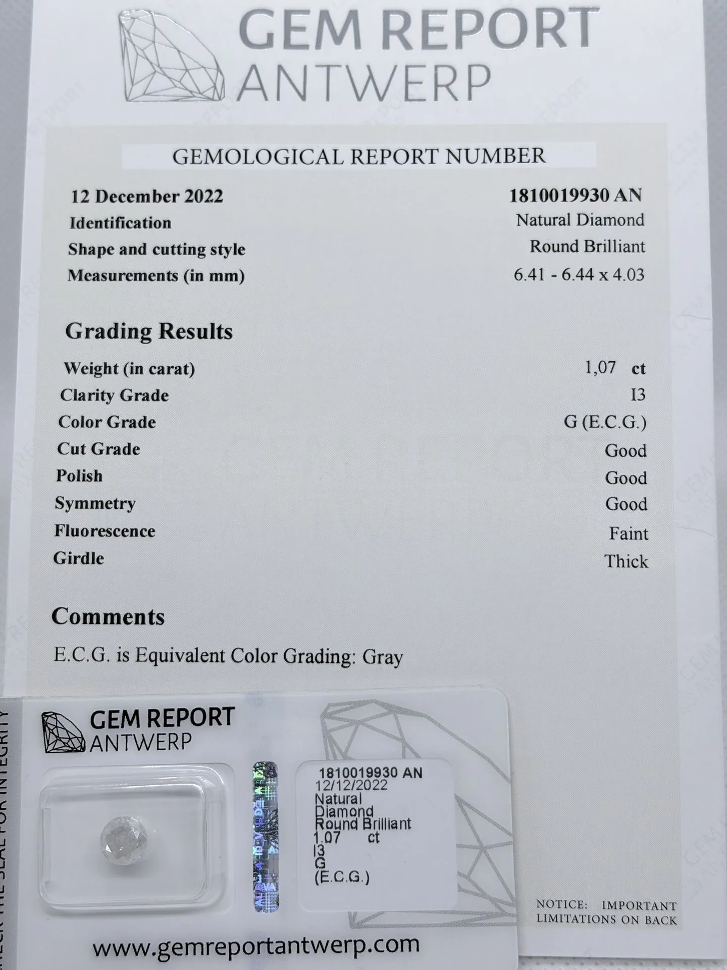DIAMOND 1.07 carat, certificate of guarantee, the certificate is an ...