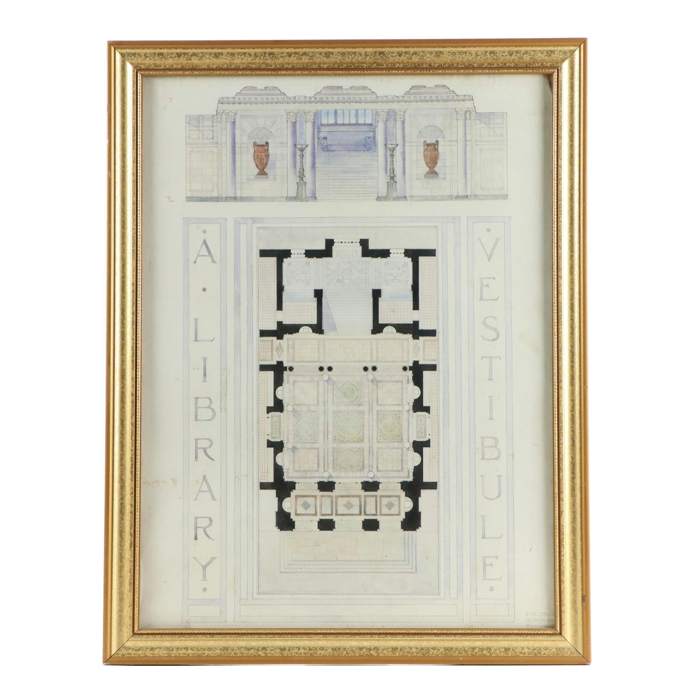 Antique Student Architectural Drawing of a Library Vestibule | Barnebys