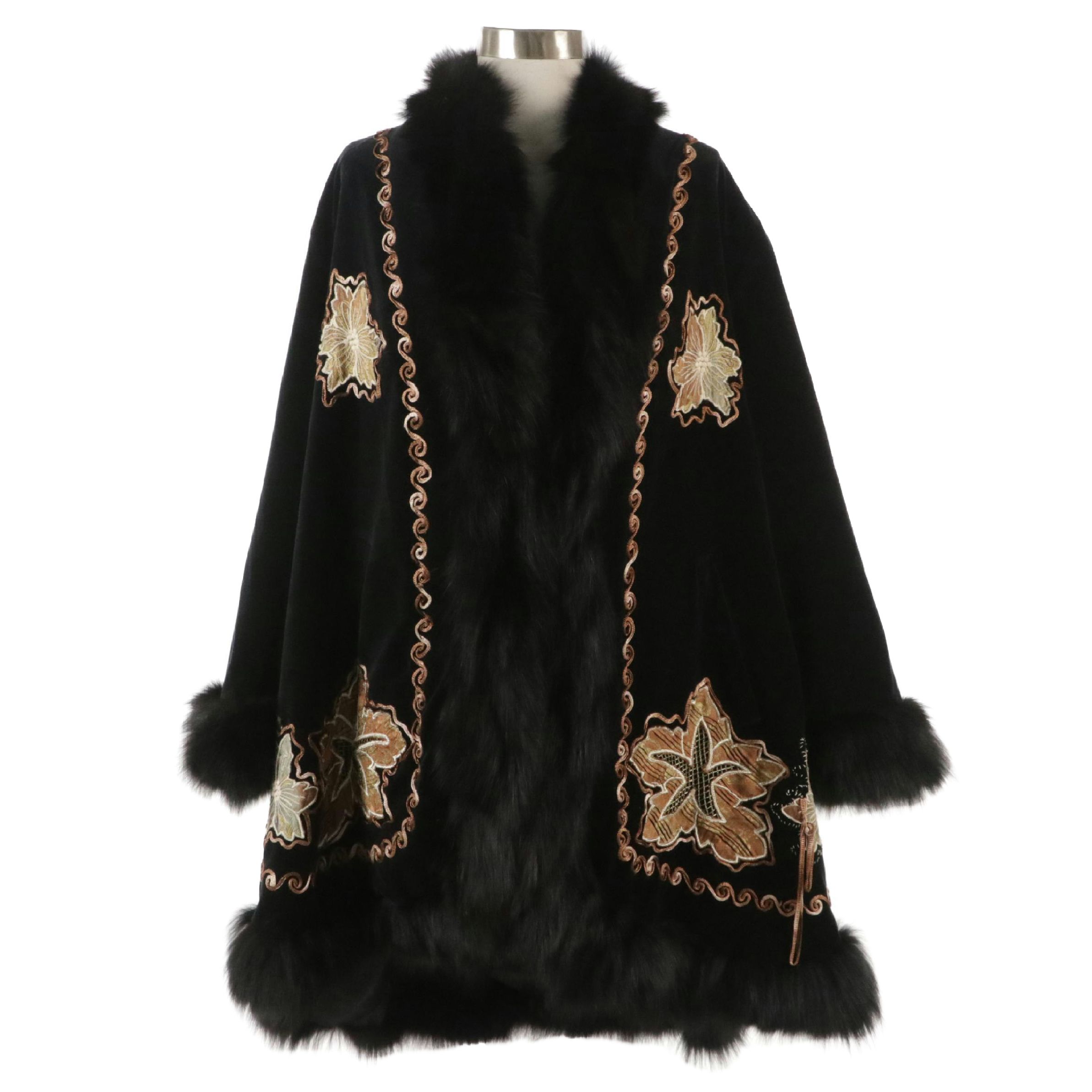 Jauna Pasitea Embroidered Swing Coat with Fox Fur Trim | Barnebys