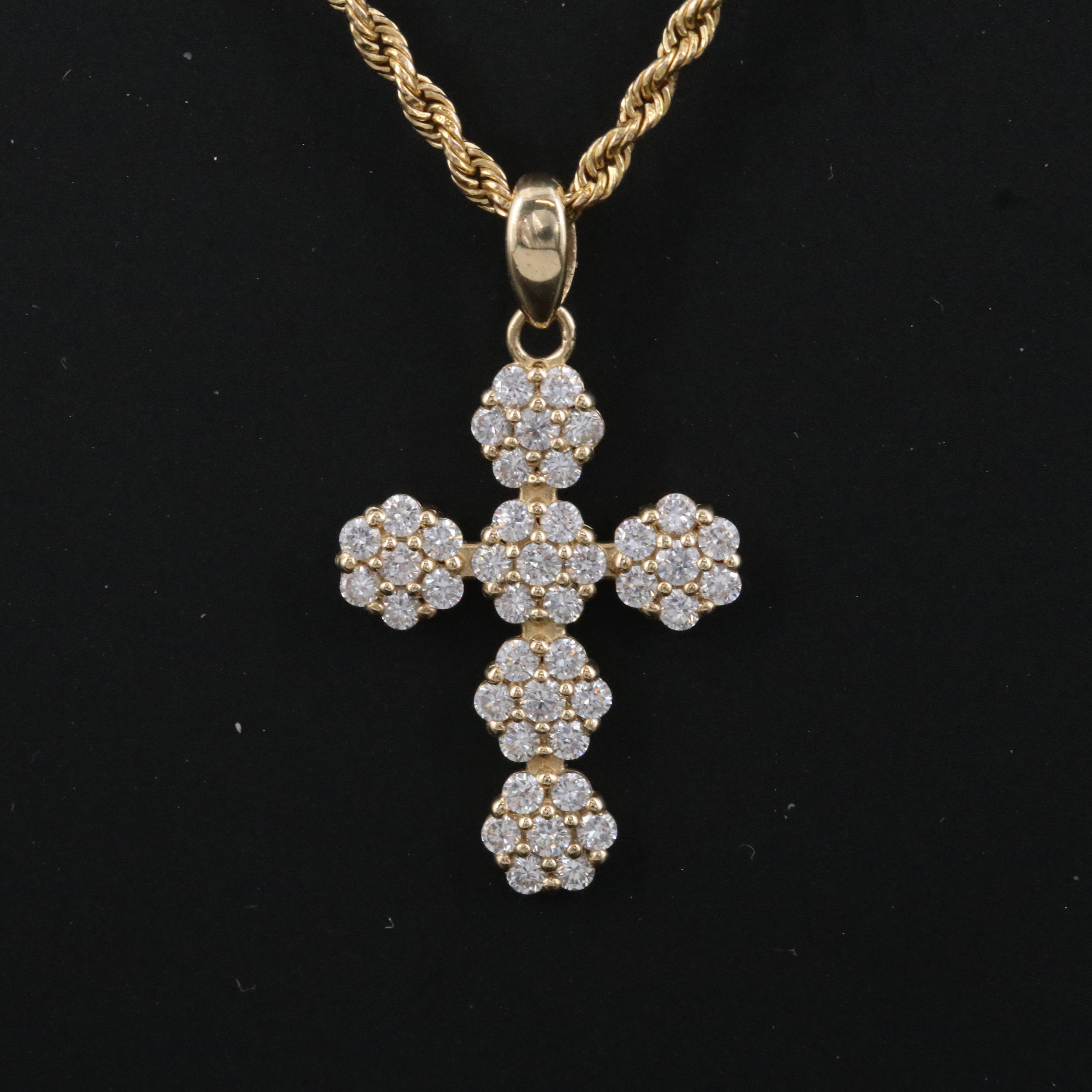 10K CZ Cross Pendant on Rope Chain Necklace | Barnebys