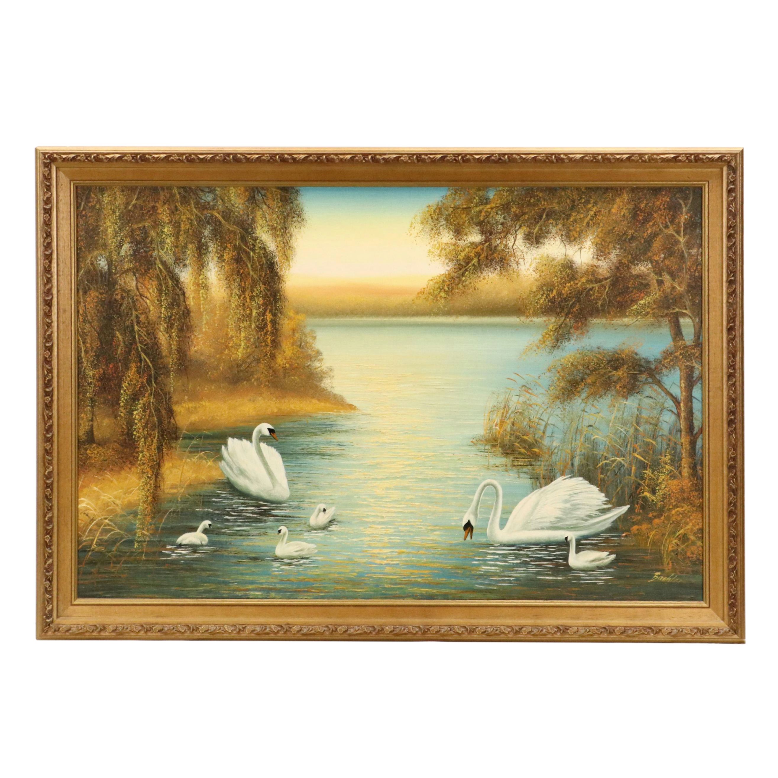 Baehler Oil Painting of Lake Scene With Swan Family, Circa 1960 | Barnebys