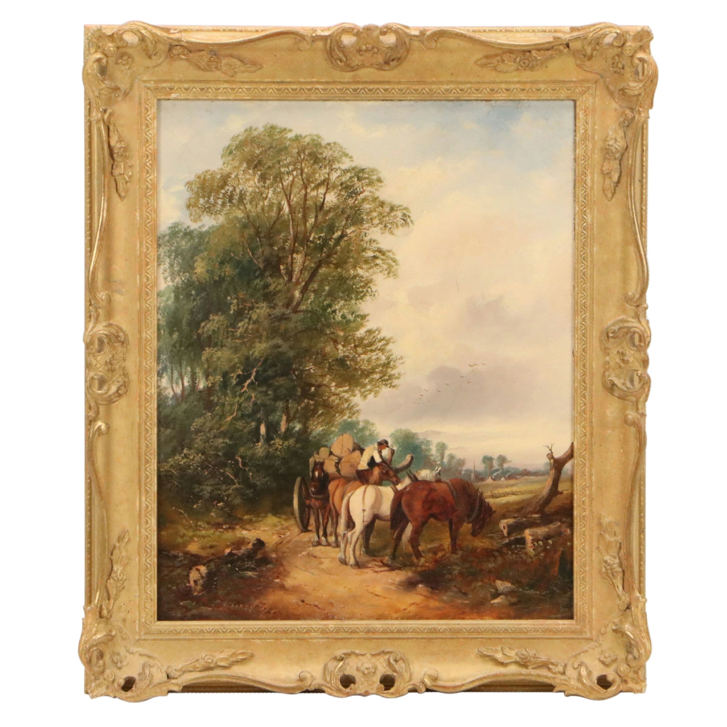 Robert J. Haines Landscape Oil Painting with Horses and Traveler, 1878 ...