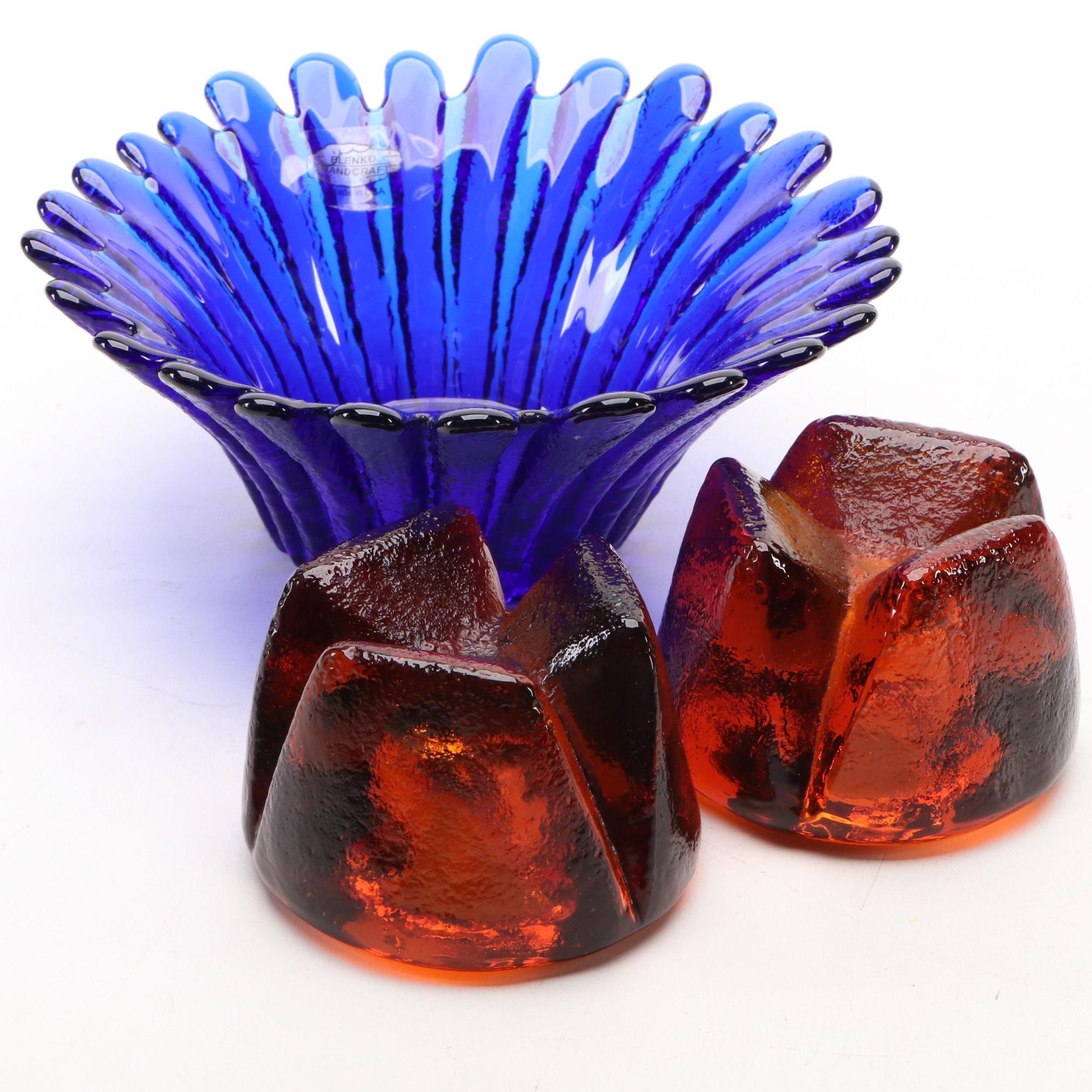 Blenko Hand-Blown Blue Daisy Glass Bowl with Amber Candlesticks, Late ...
