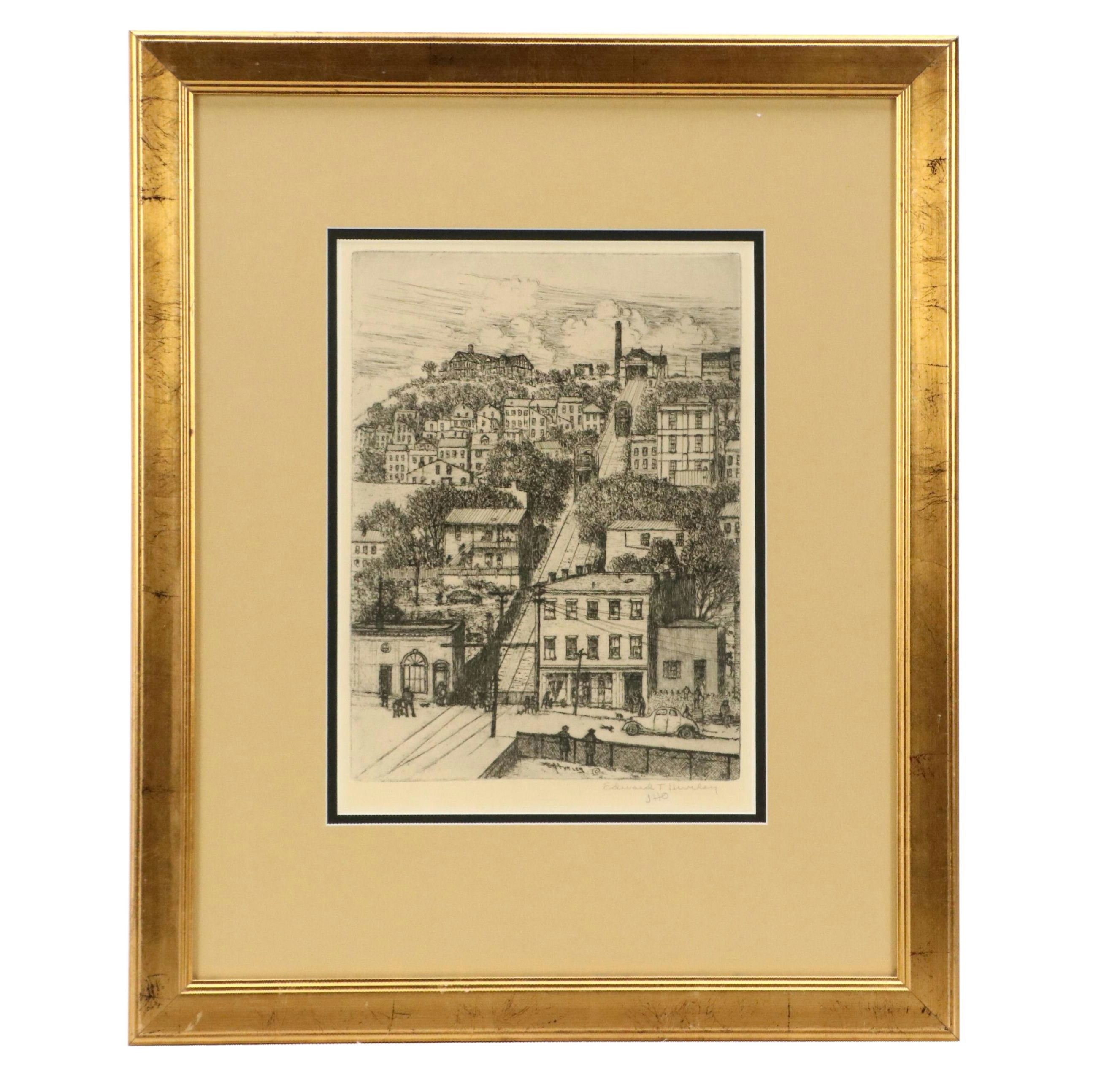 Edward T. Hurley Etching of Cincinnati Scene with Incline Car, 20th ...