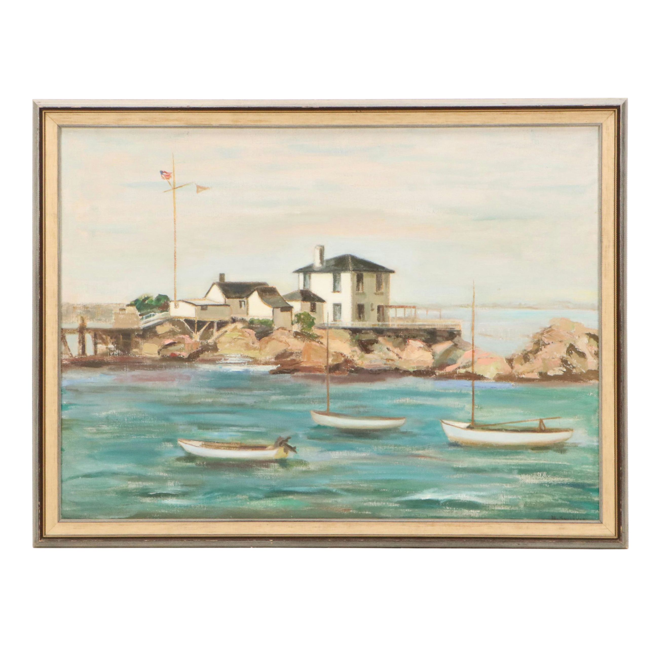 Mary C. Sullivan Oil Painting of Coastal House with Boats, Late 20th ...