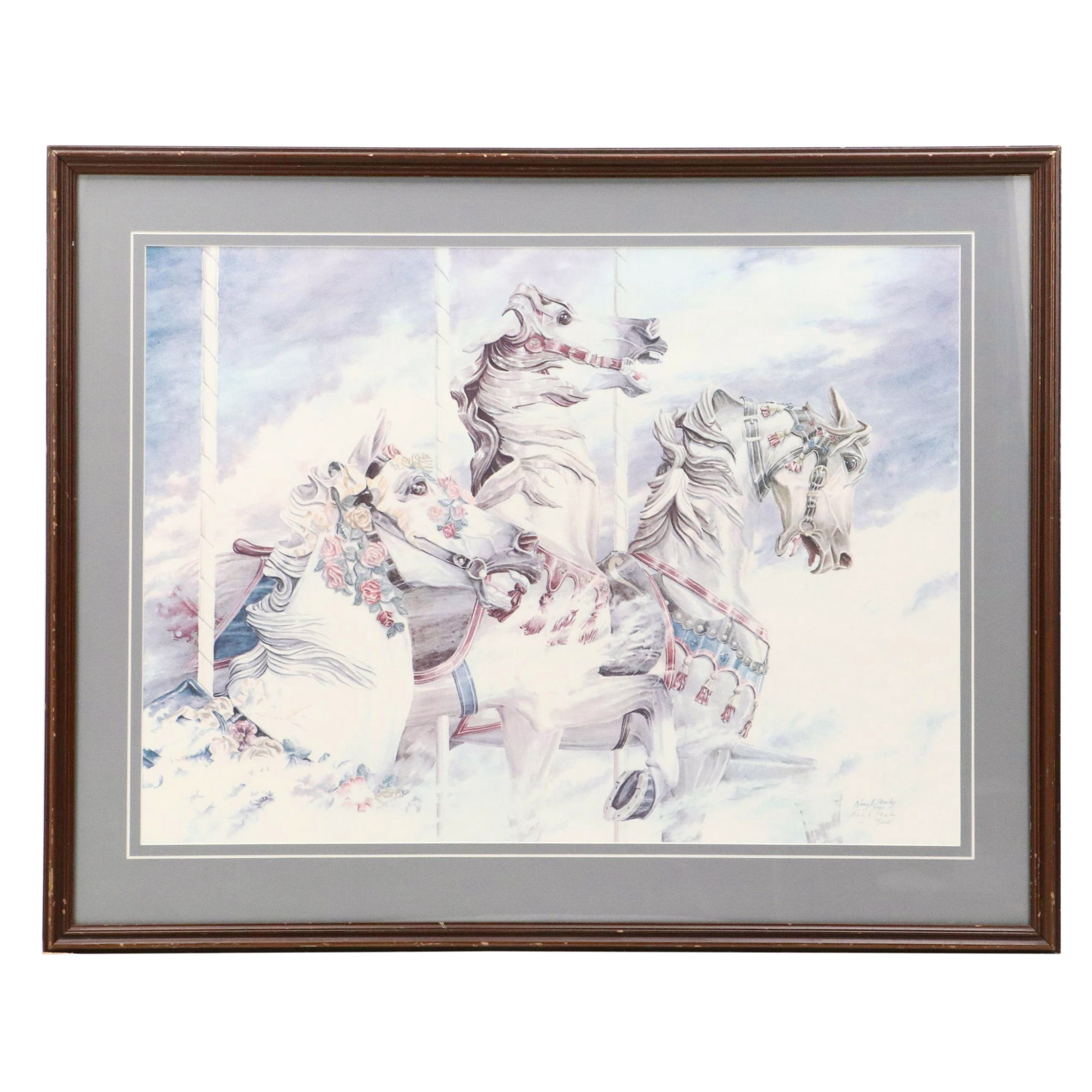 Nancy H. Strailey Offset Lithograph of Carousel Horses, Circa 1981 ...