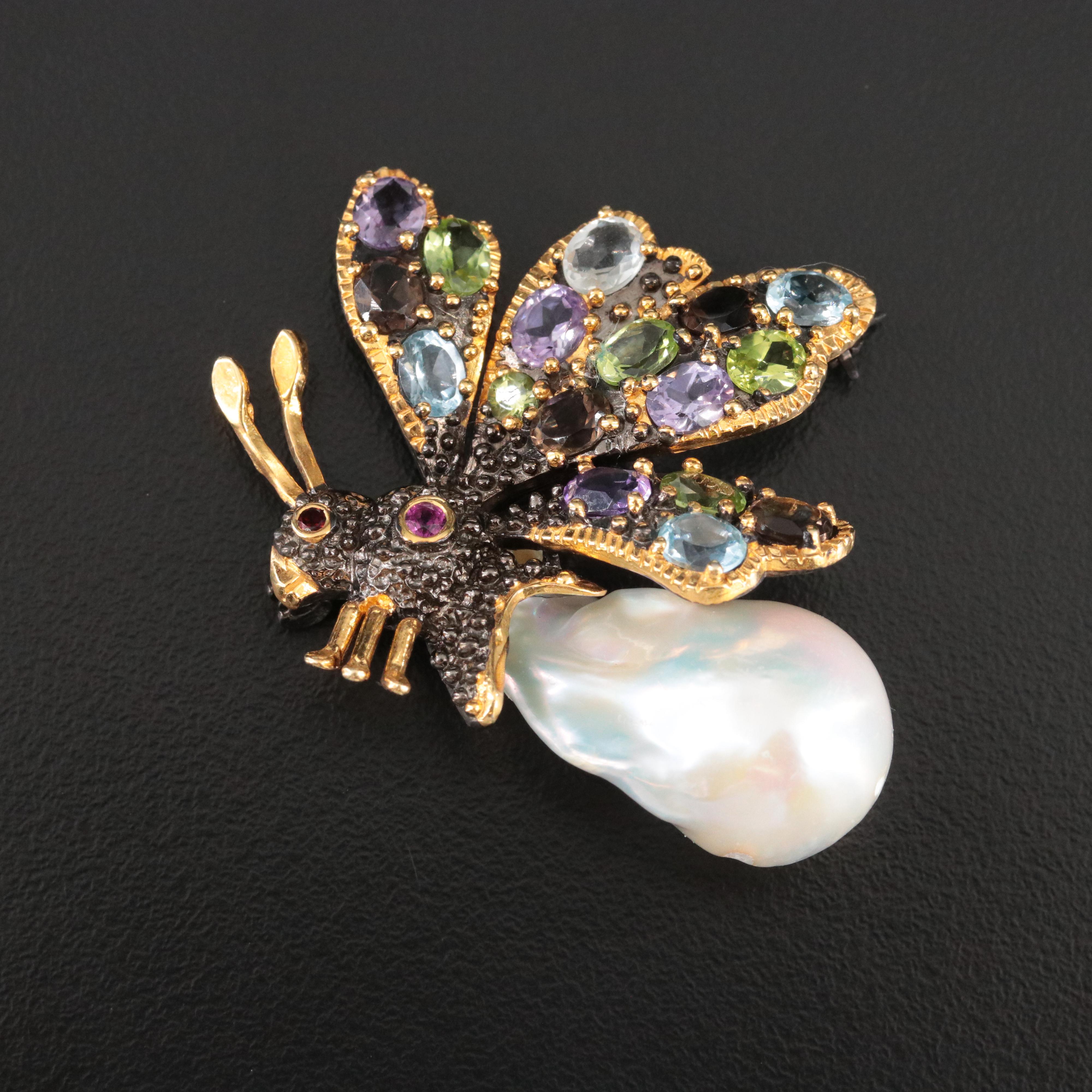 Baroque Style Sterling Pearl, Amethyst and Peridot Firefly Brooch ...
