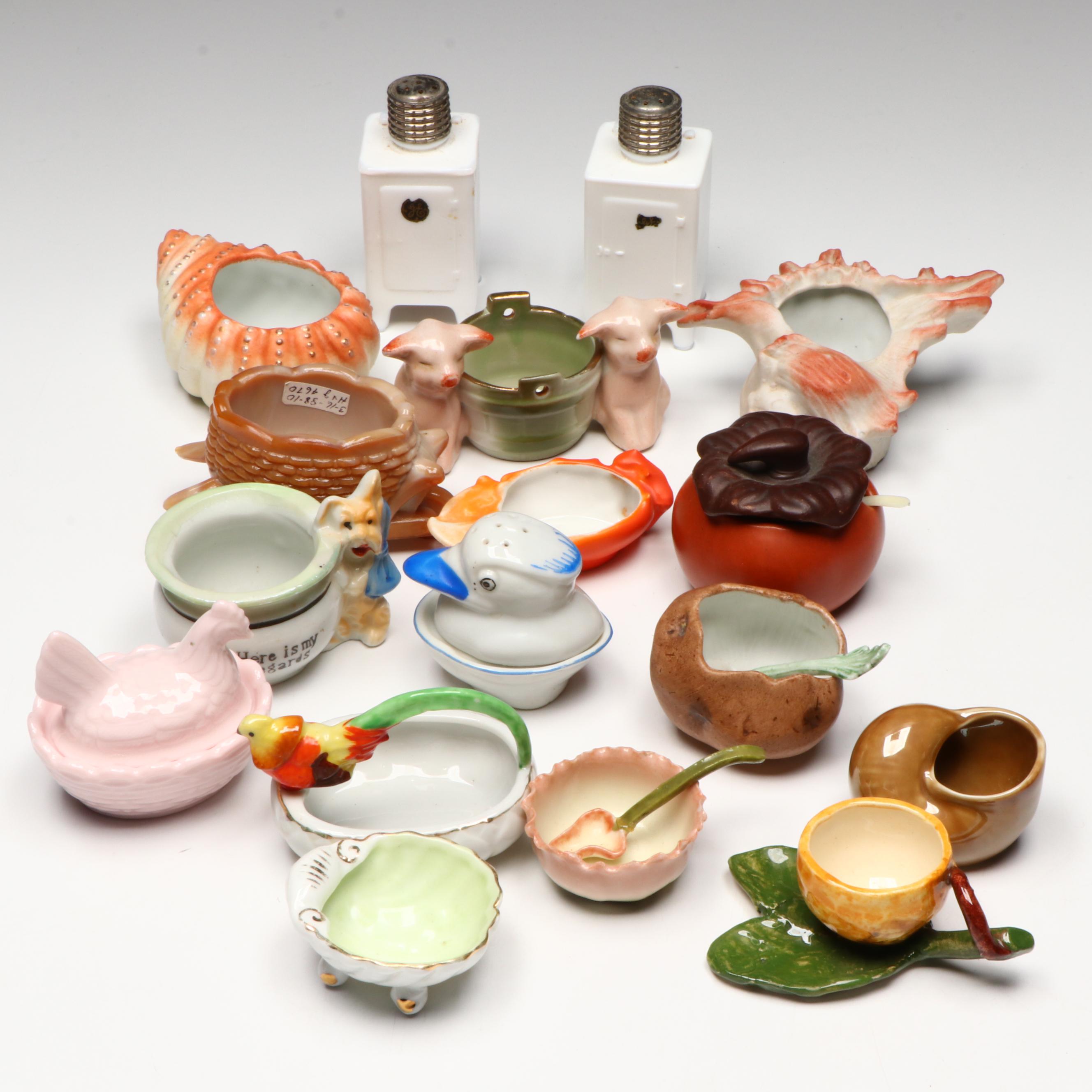 St. Clair Chocolate Slag Glass Wheelbarrow with Other Figural Salt ...