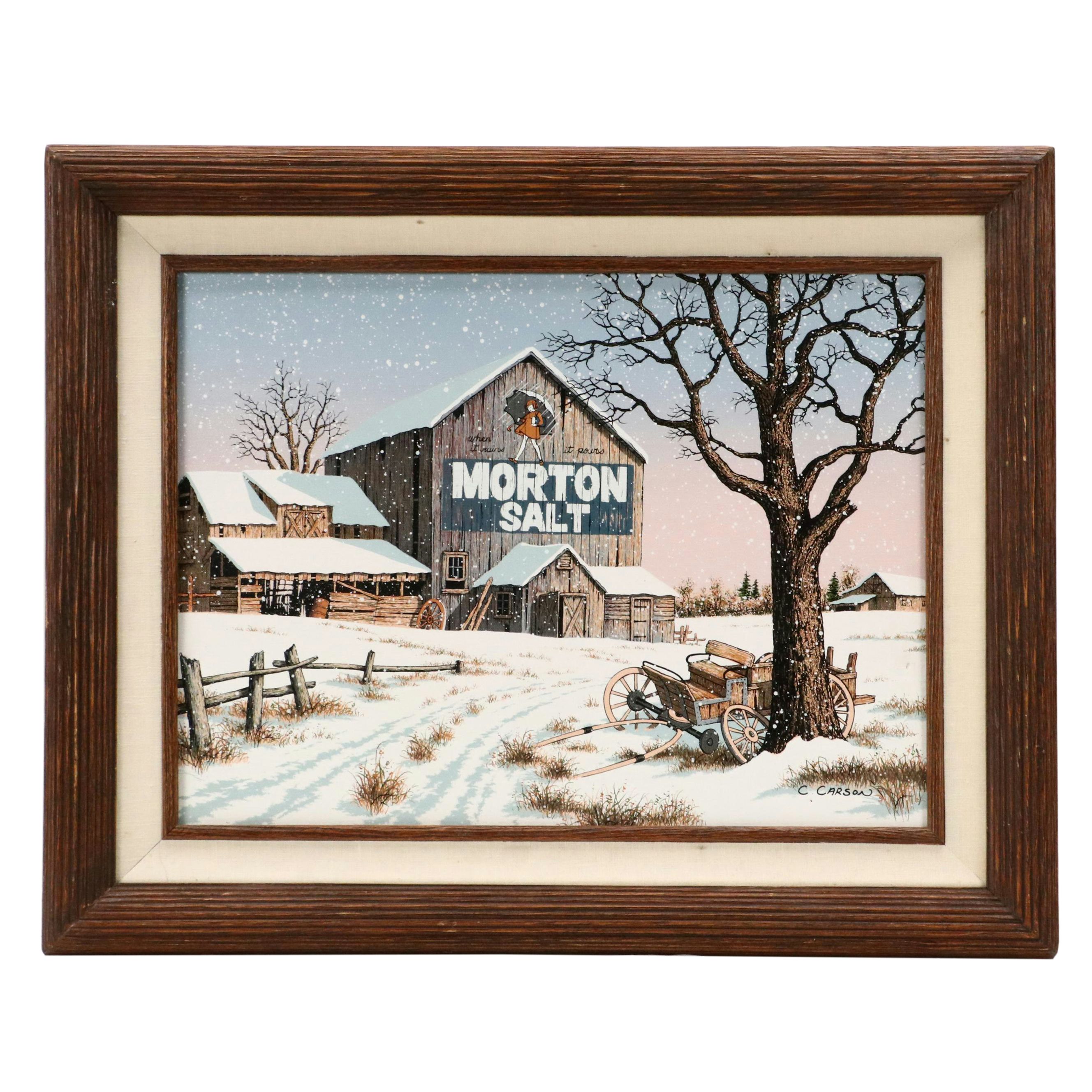 C. Carson Screenprint of Snowy Farm Scene With Morton Salt Barn, Circa ...