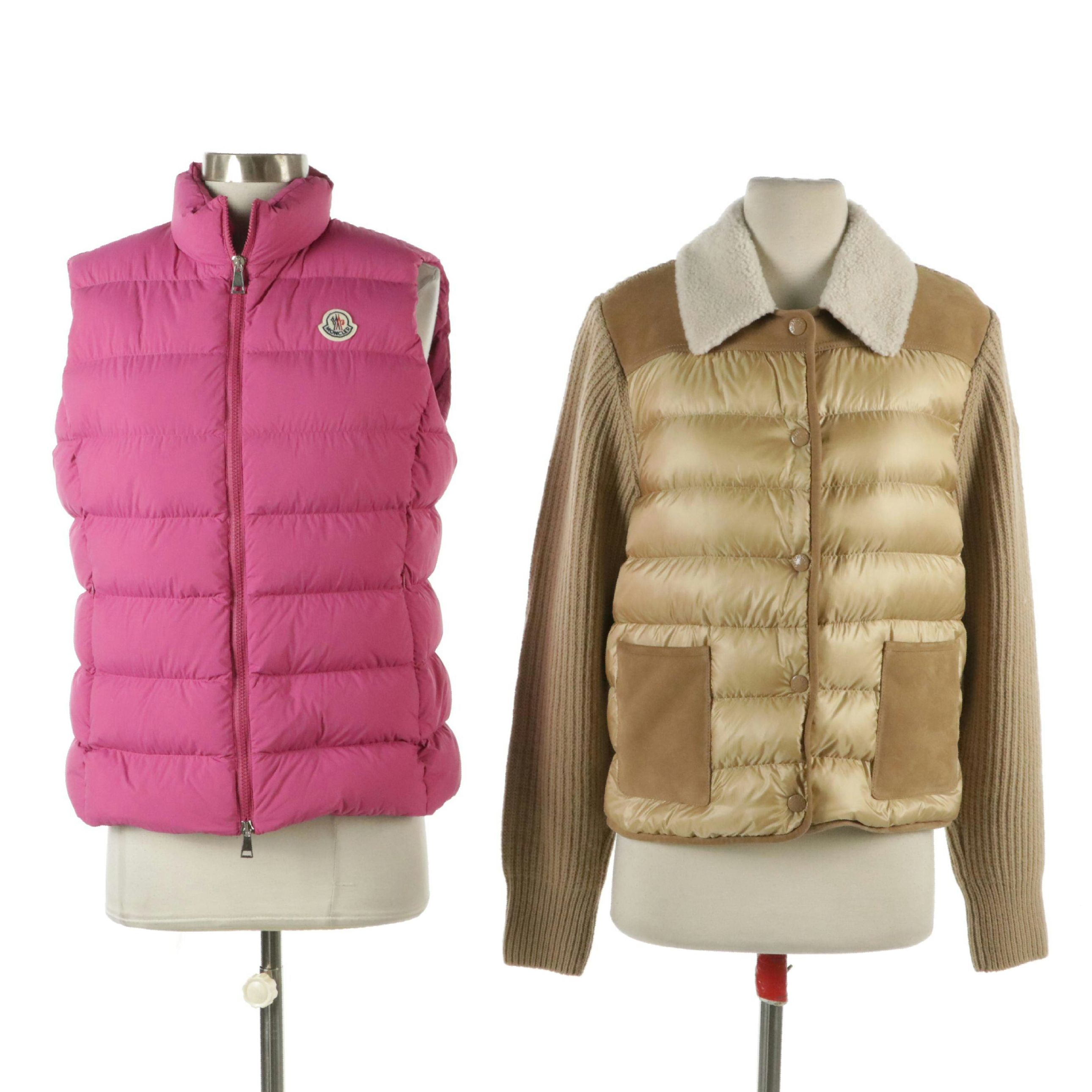 Moncler Shearling, Goose Down Quilted and Knit Jacket with Goose Down ...