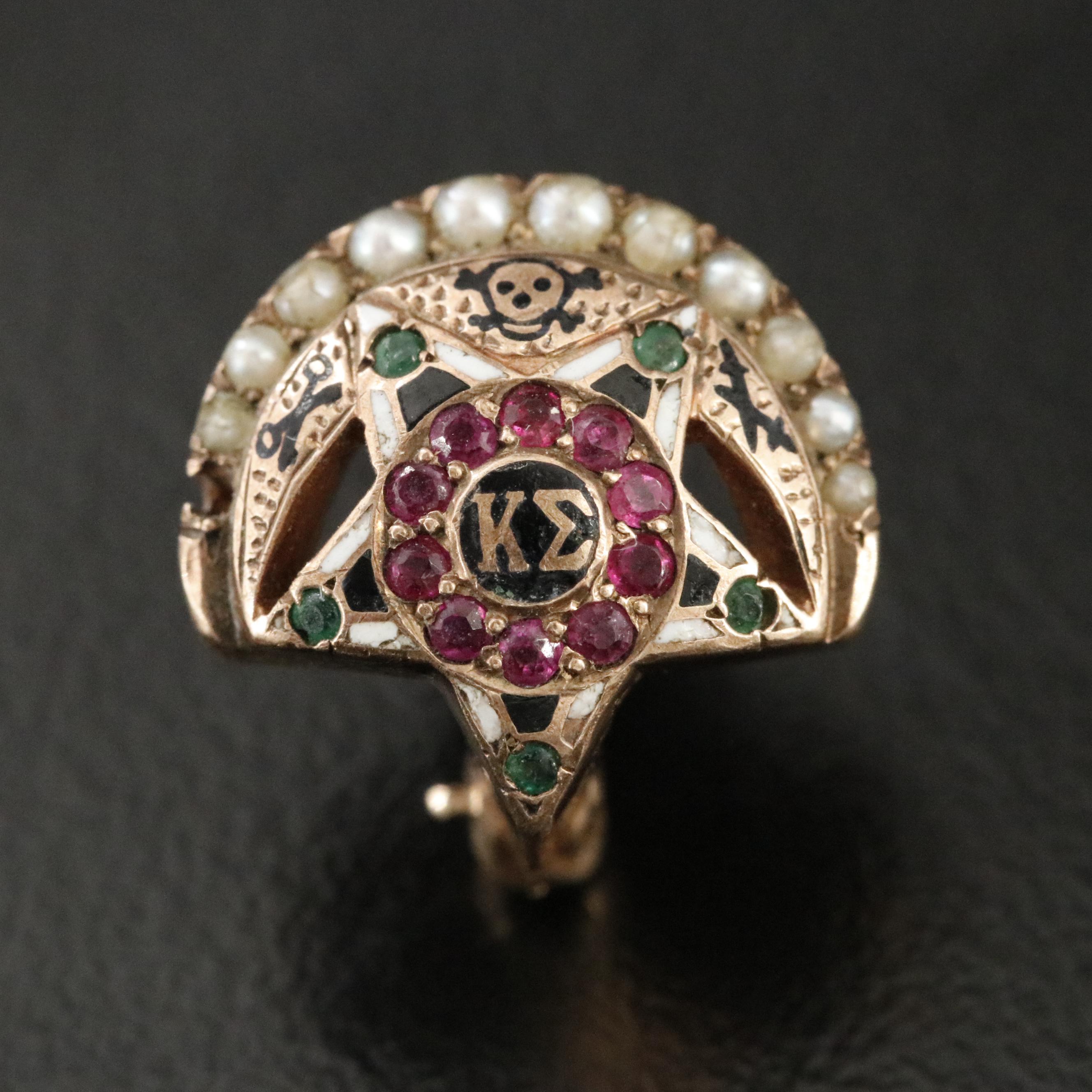 10K Ruby, Emerald, Seed Pearl and Enamel Kappa Sigma Fraternity Pin ...