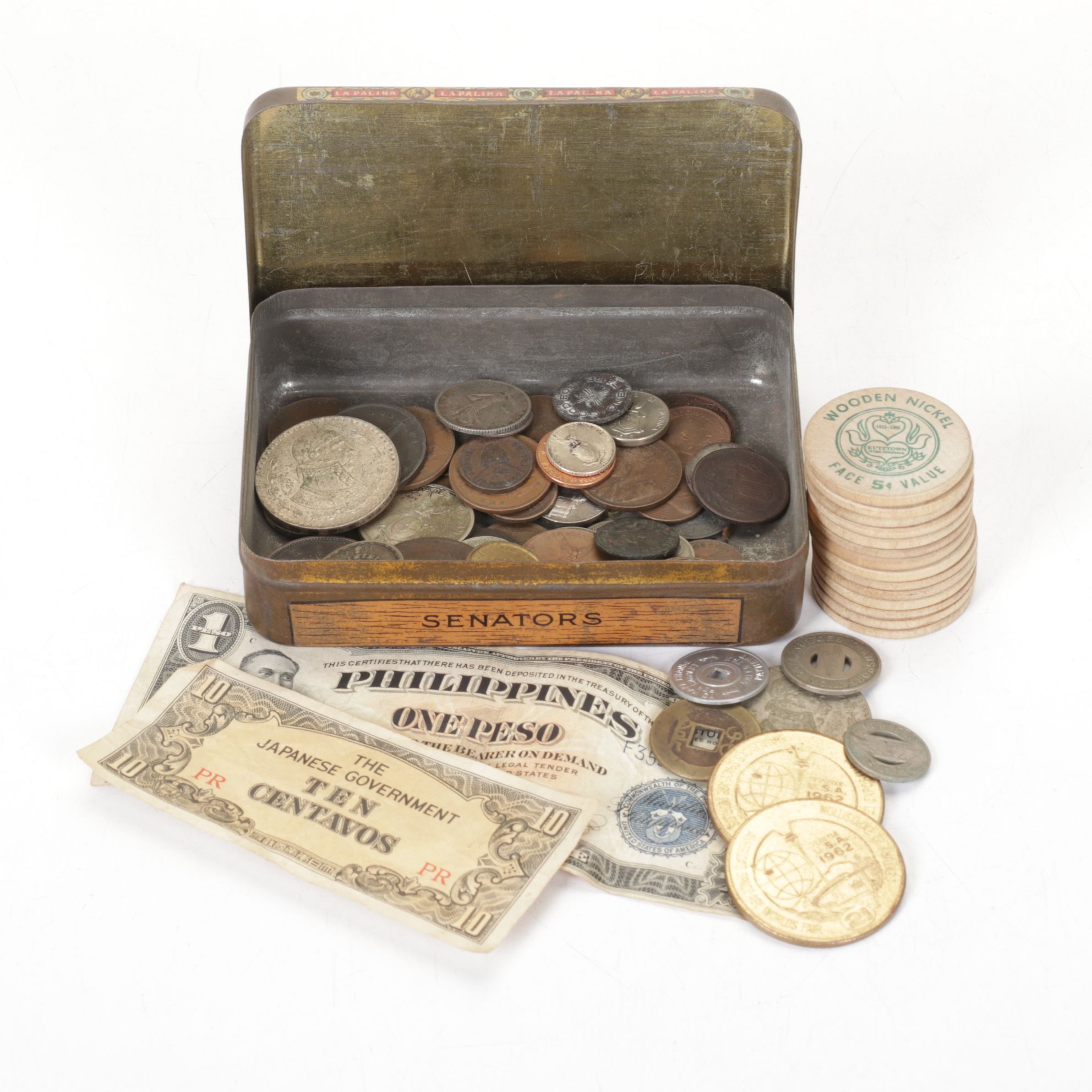 1960s Wooden Nickels with Bus Tokens, La Palina Cigar Box ...
