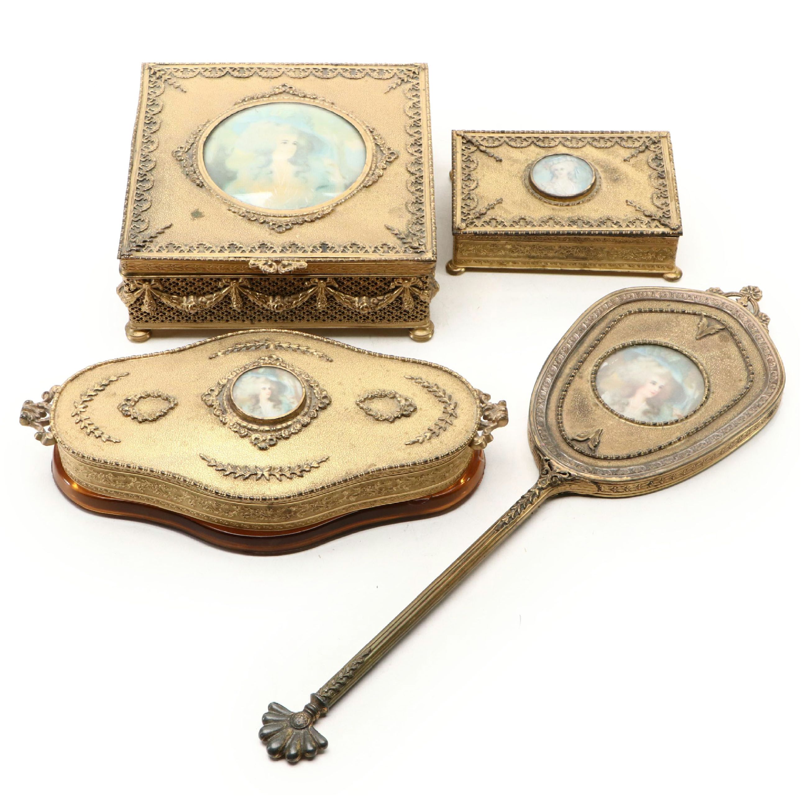Apollo Studio Ormolu Vanity Boxes and Hand Mirror with Painted Mini ...