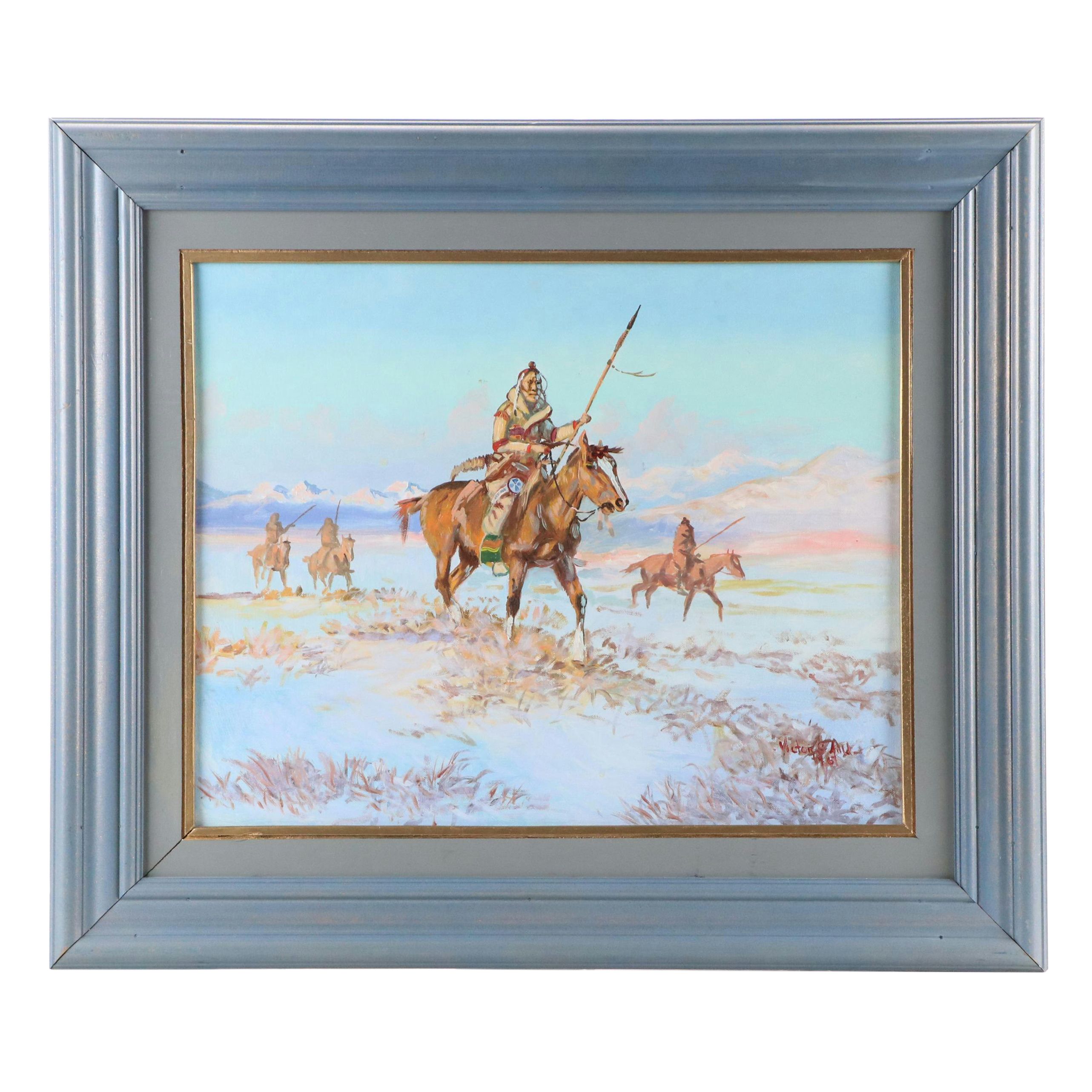 Victor Auld Western Genre Oil Painting "Indians on the Plains," 1967 ...