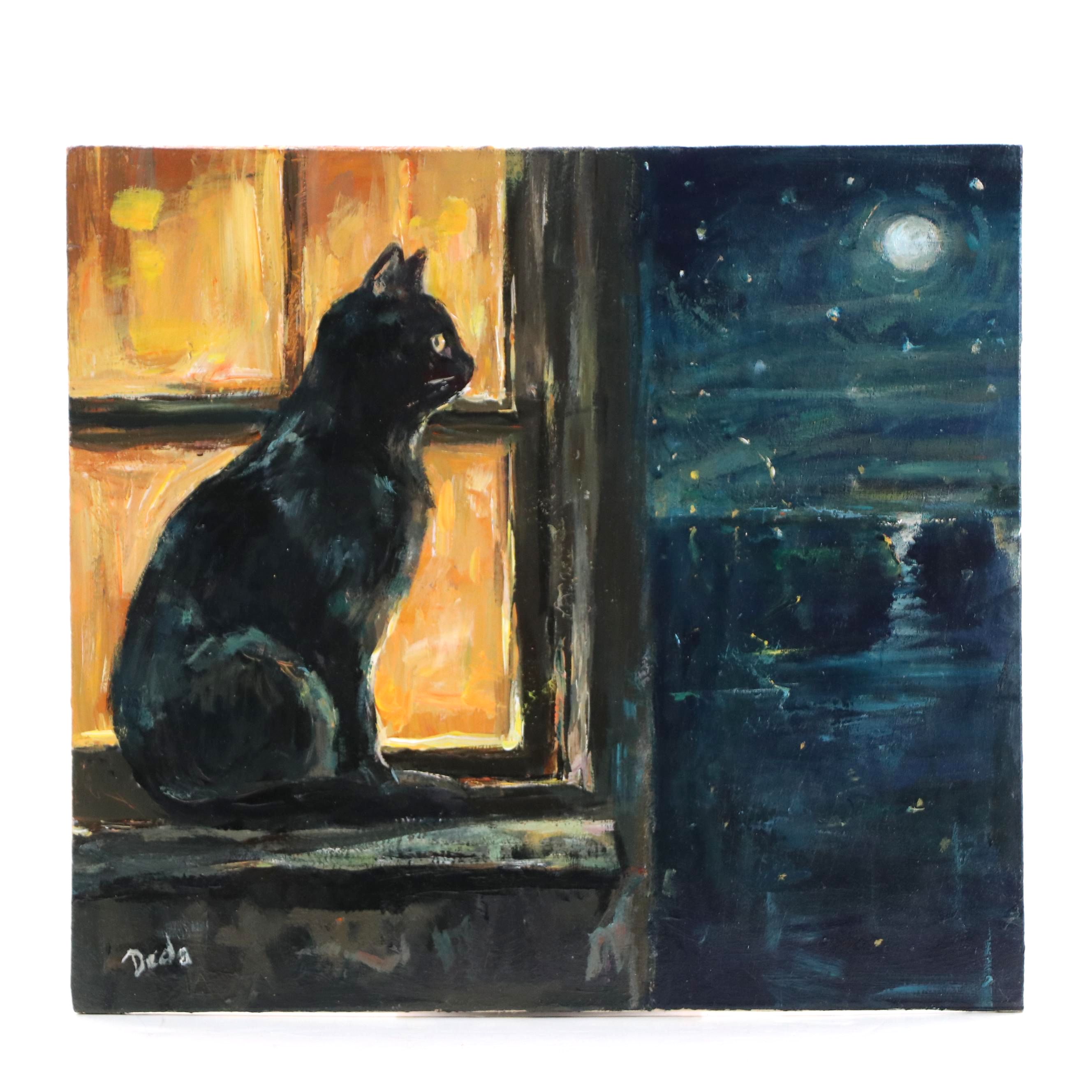 Adam Deda Nocturne Landscape Oil Painting of Black Cat "The Night Watch ...