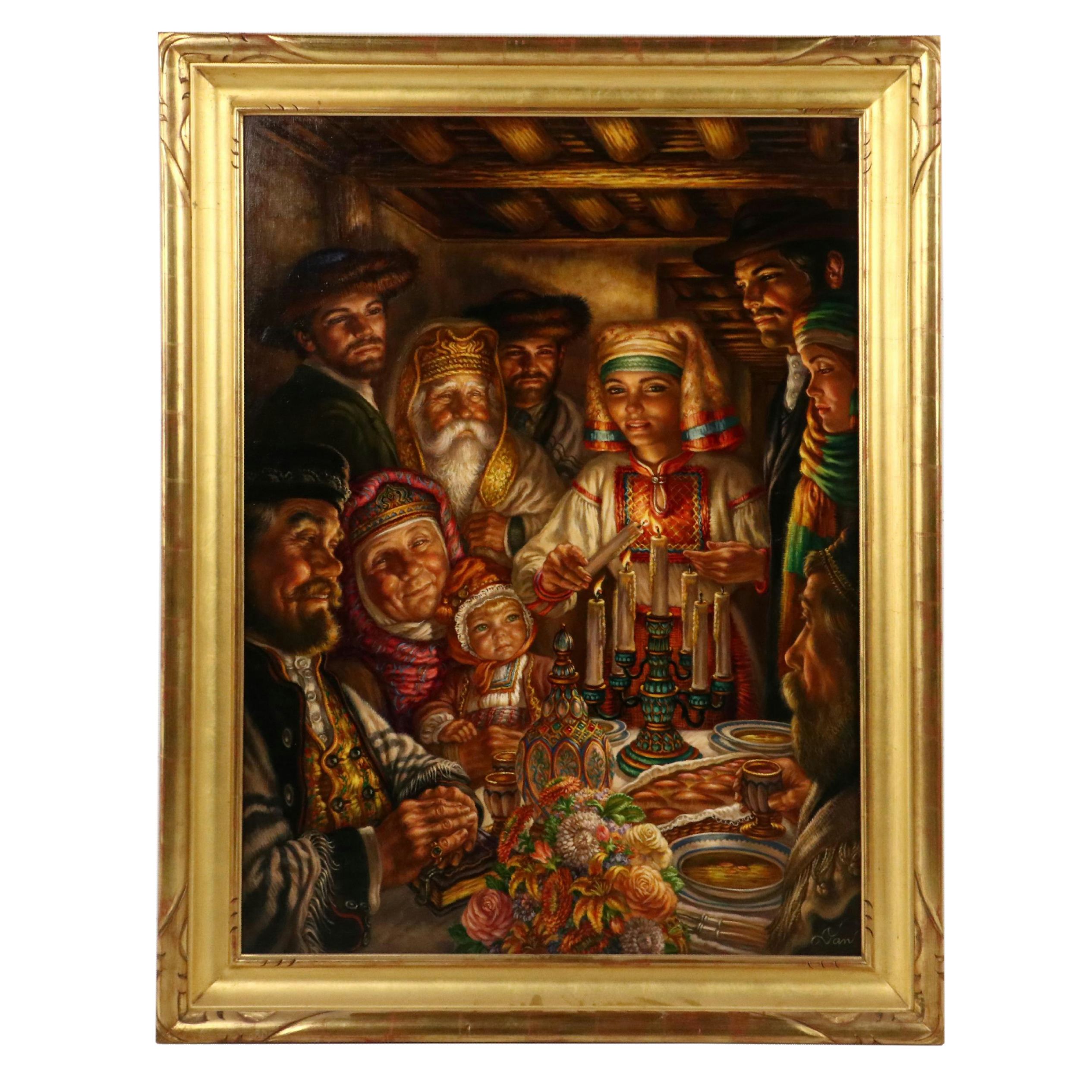Virginia Dan Oil Painting of Family Feast Scene, Late 20th Century ...