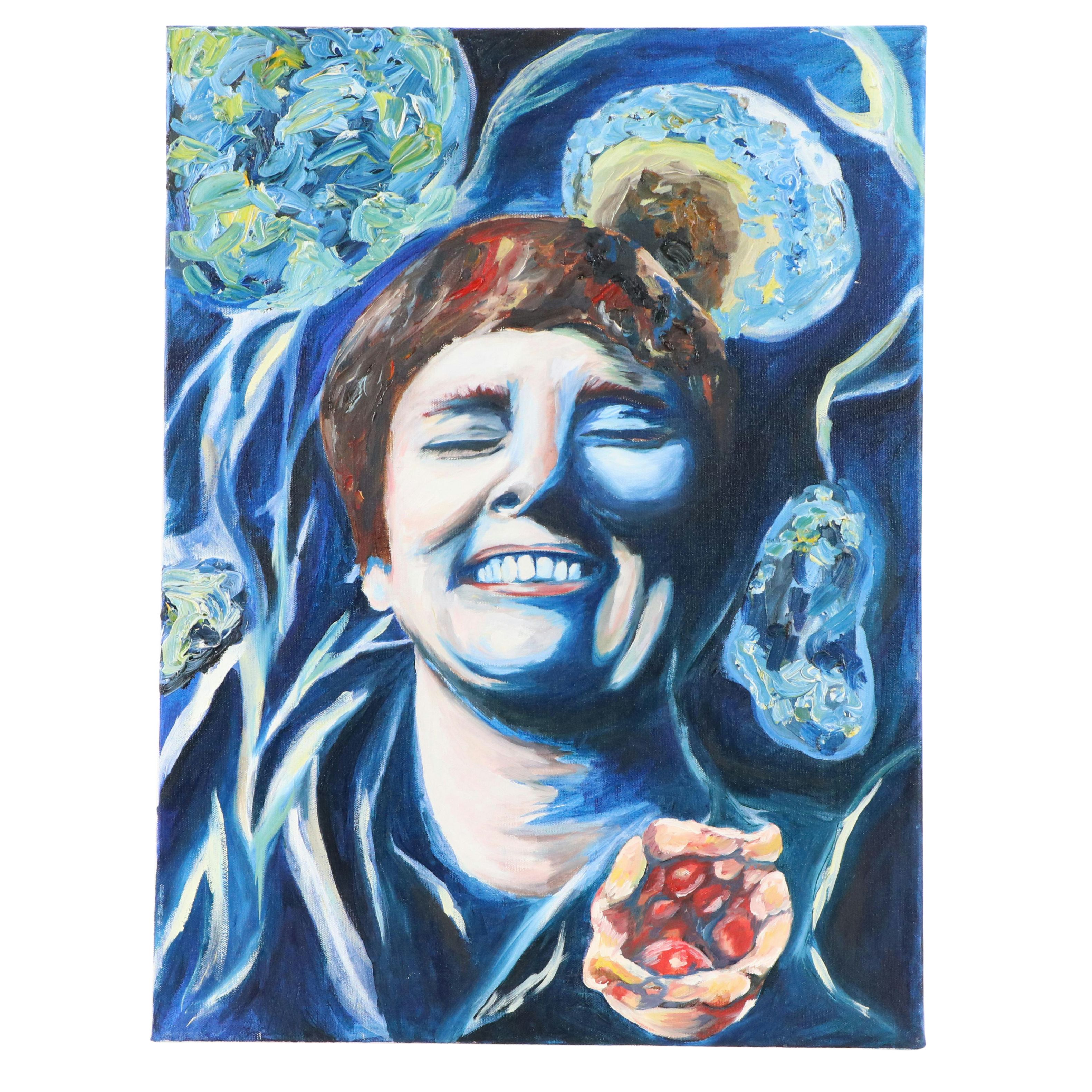Acrylic Portrait Painting of Smiling Person, Late 20th Century | Barnebys