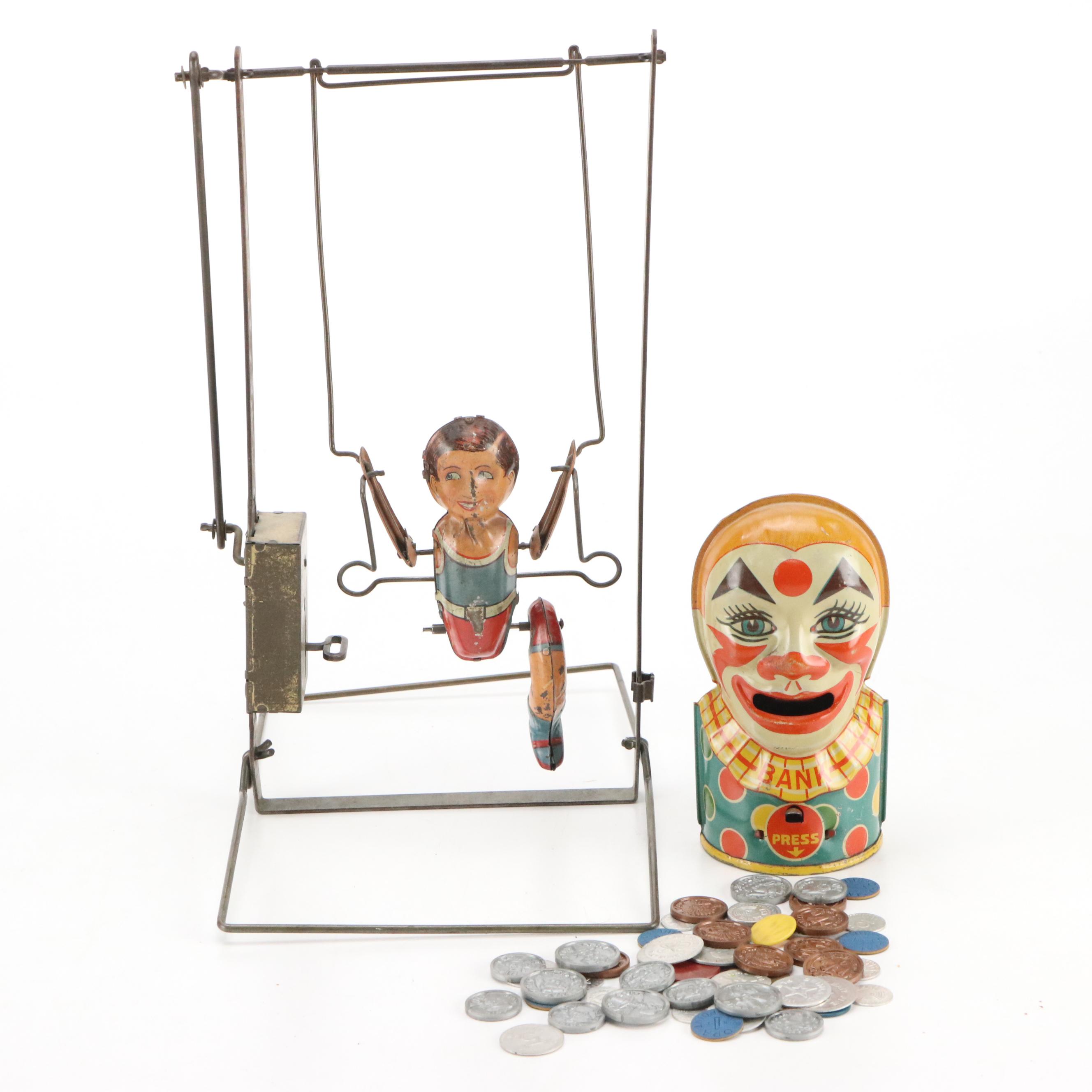 J. Chein Tin Litho Clown Bank with Tokens Louis Marx Acrobat Toy | Barnebys