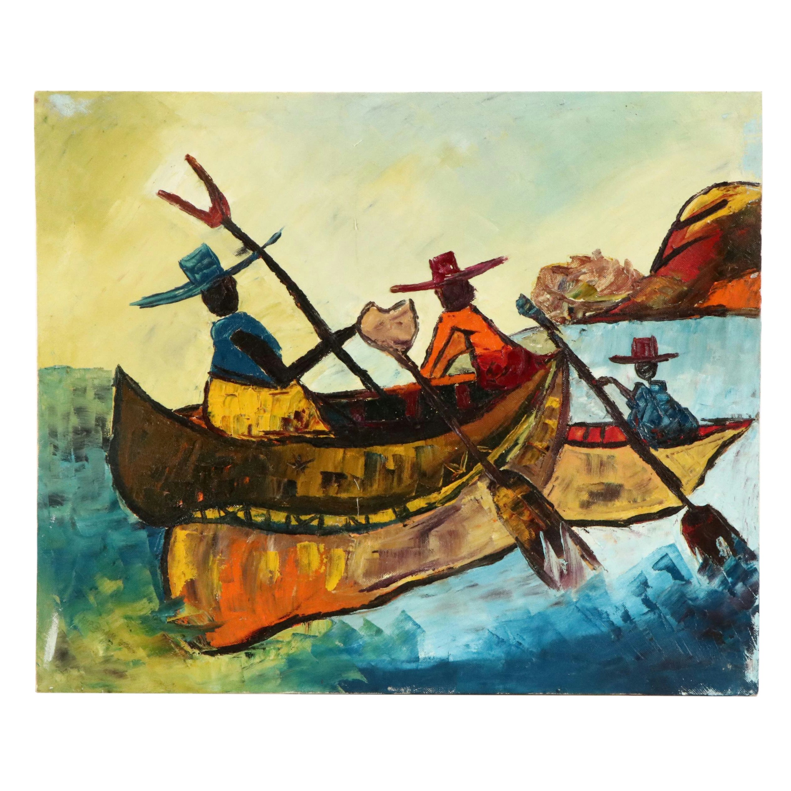 Bayo Ogundele Nautical Oil Painting of Figures in Canoes, 2025 | Barnebys
