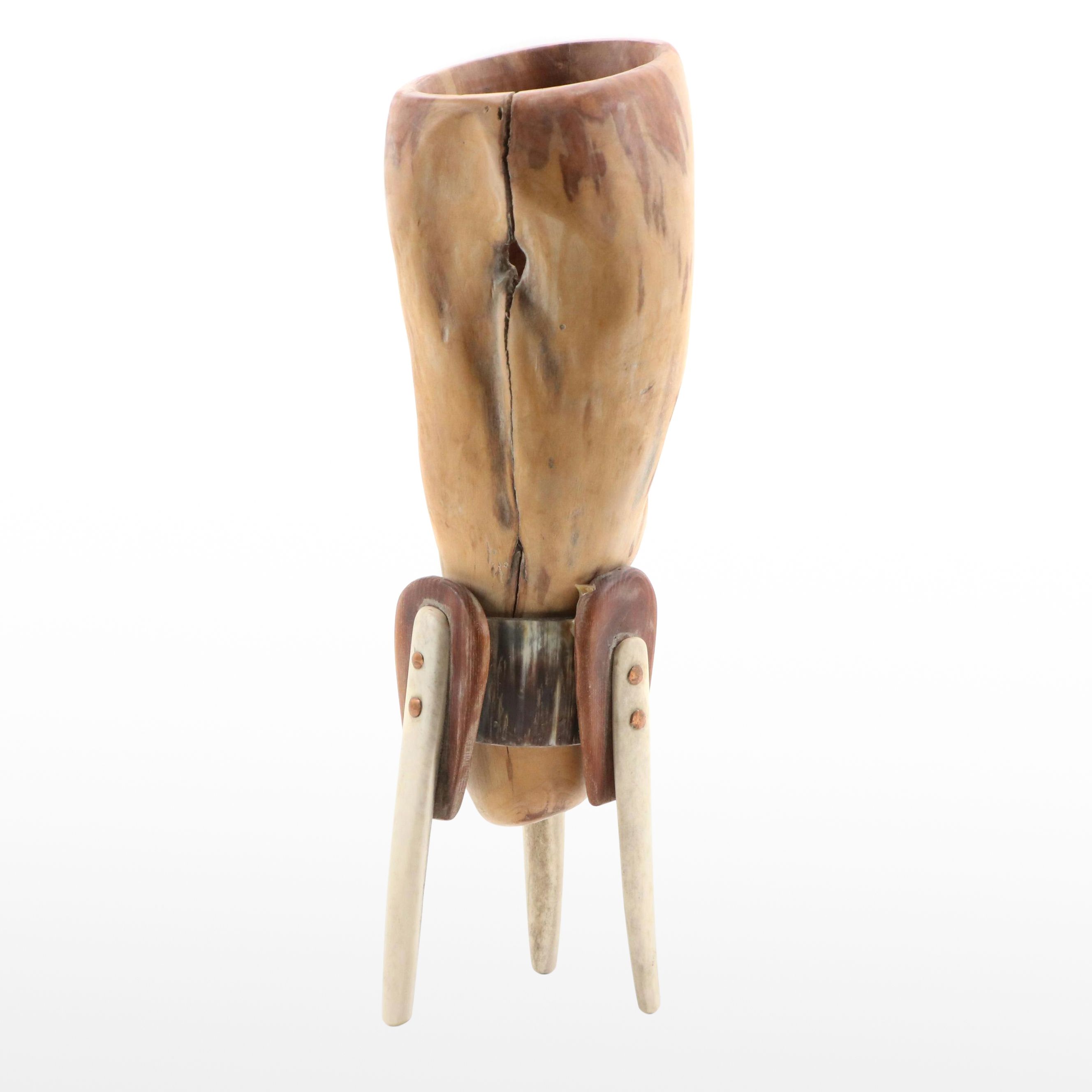 Robert Beaven Folk Art Carved Wooden Vessel with Antler Tripod Stand ...