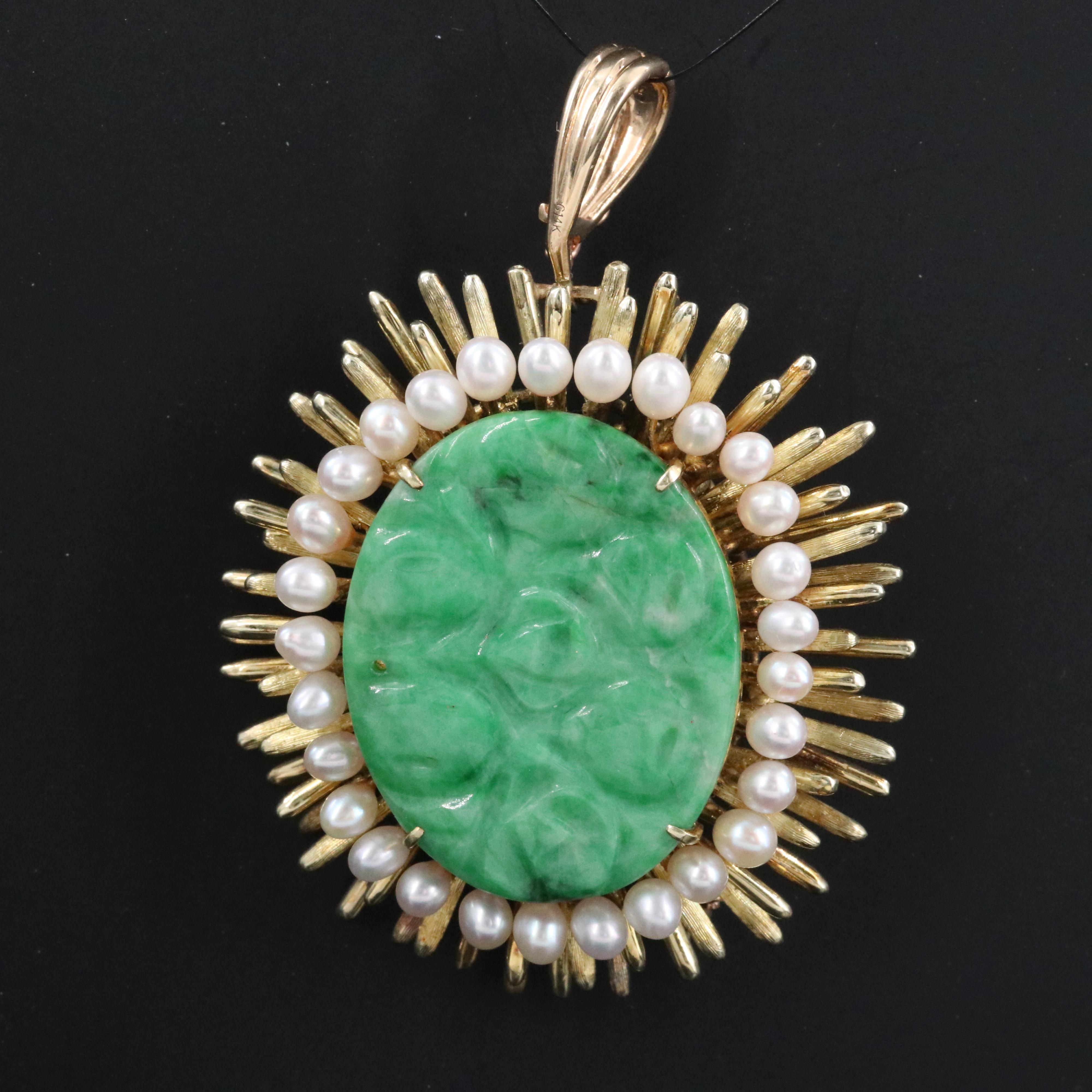 14K Jadeite and Pearl Sun Burst Converter Brooch | Barnebys