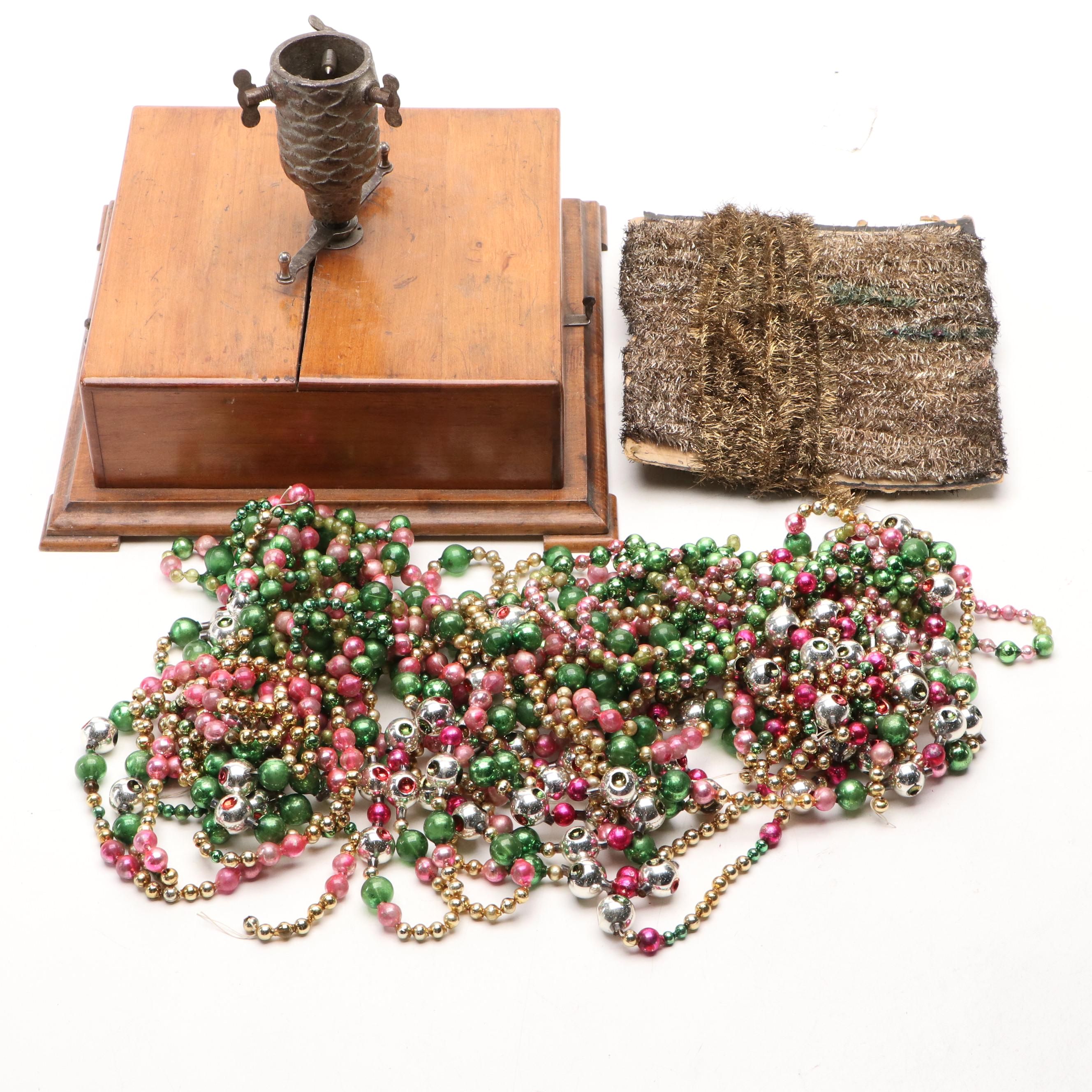 German Rotating Musical Feather Tree Stand with Beaded Garland and ...