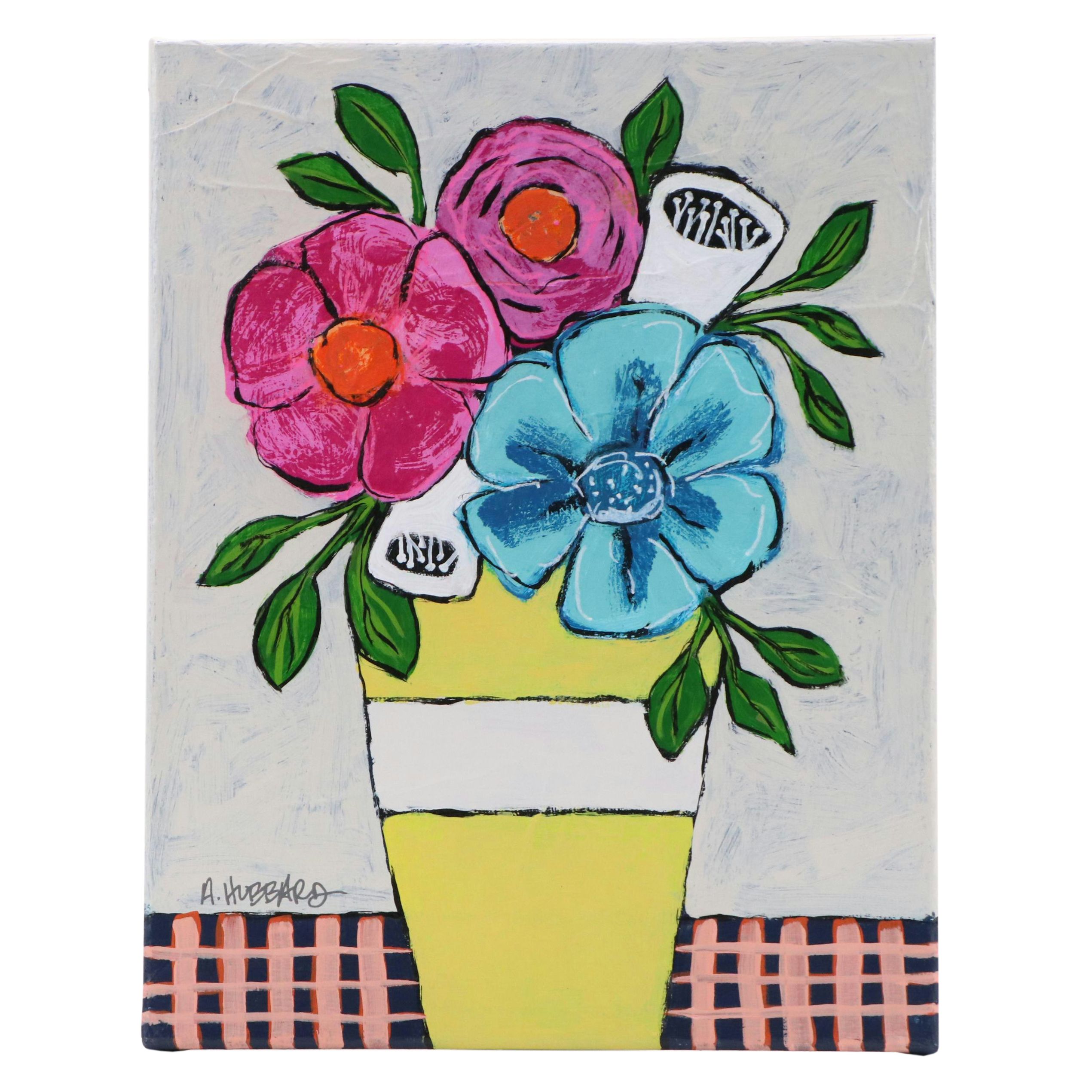 Angie Hubbard Stylized Floral Still Life Acrylic Painting, 21st Century ...