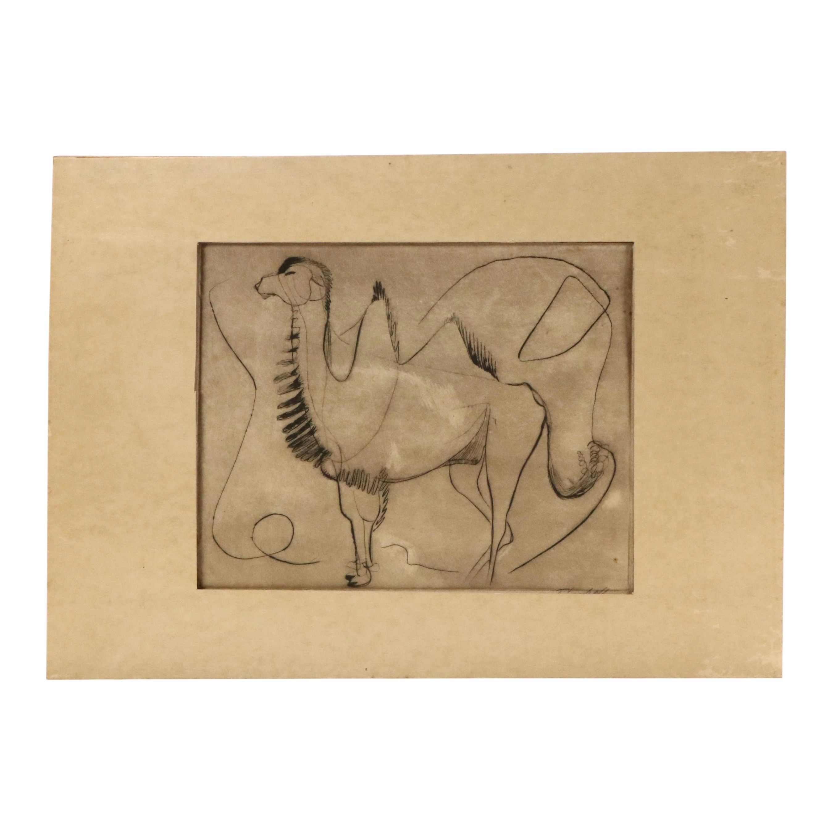 John Imhoff Surrealist Drypoint Etching of a Camel | Barnebys