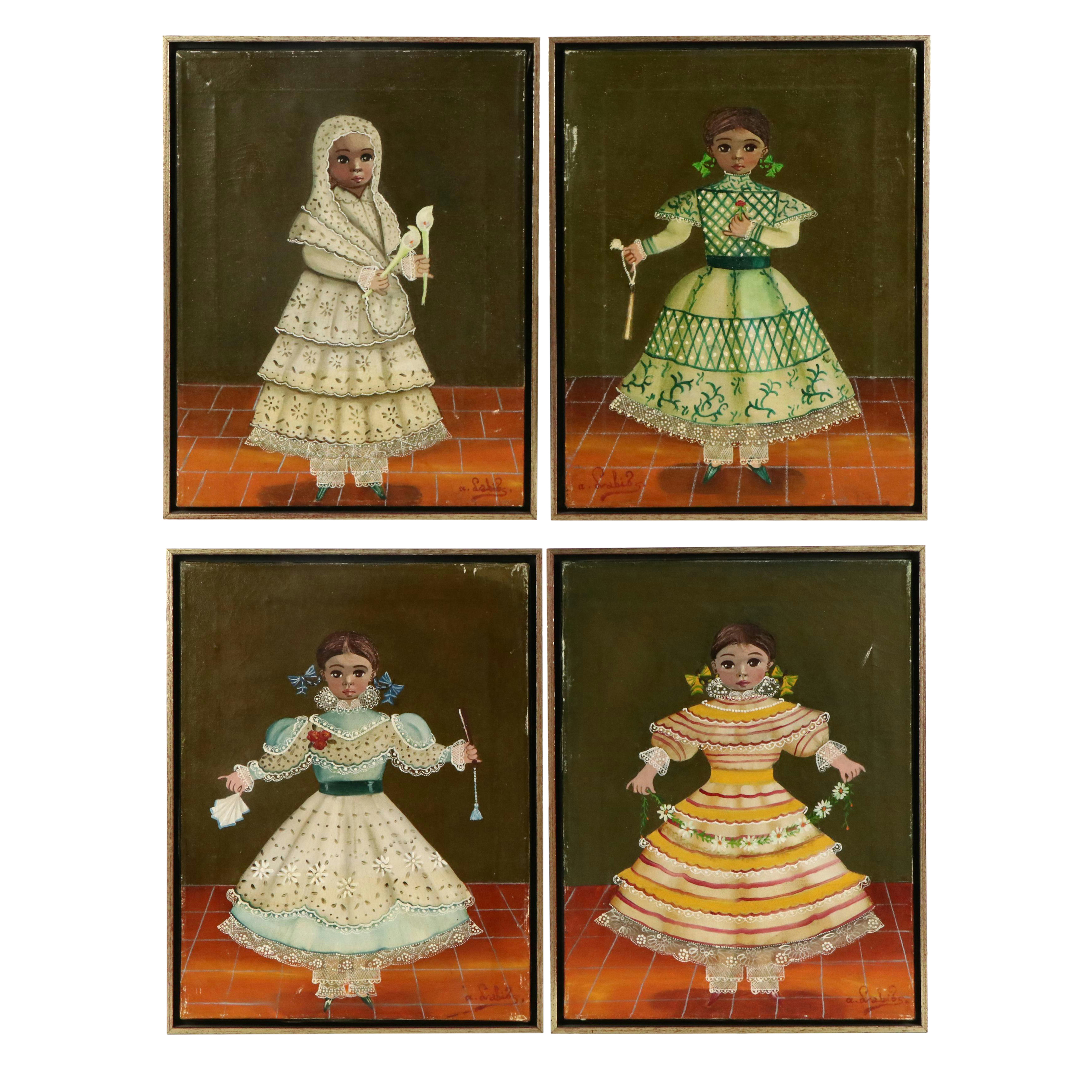 Agapito Labios Folk Art Oil Paintings of Girls in Dresses, 20th Century ...