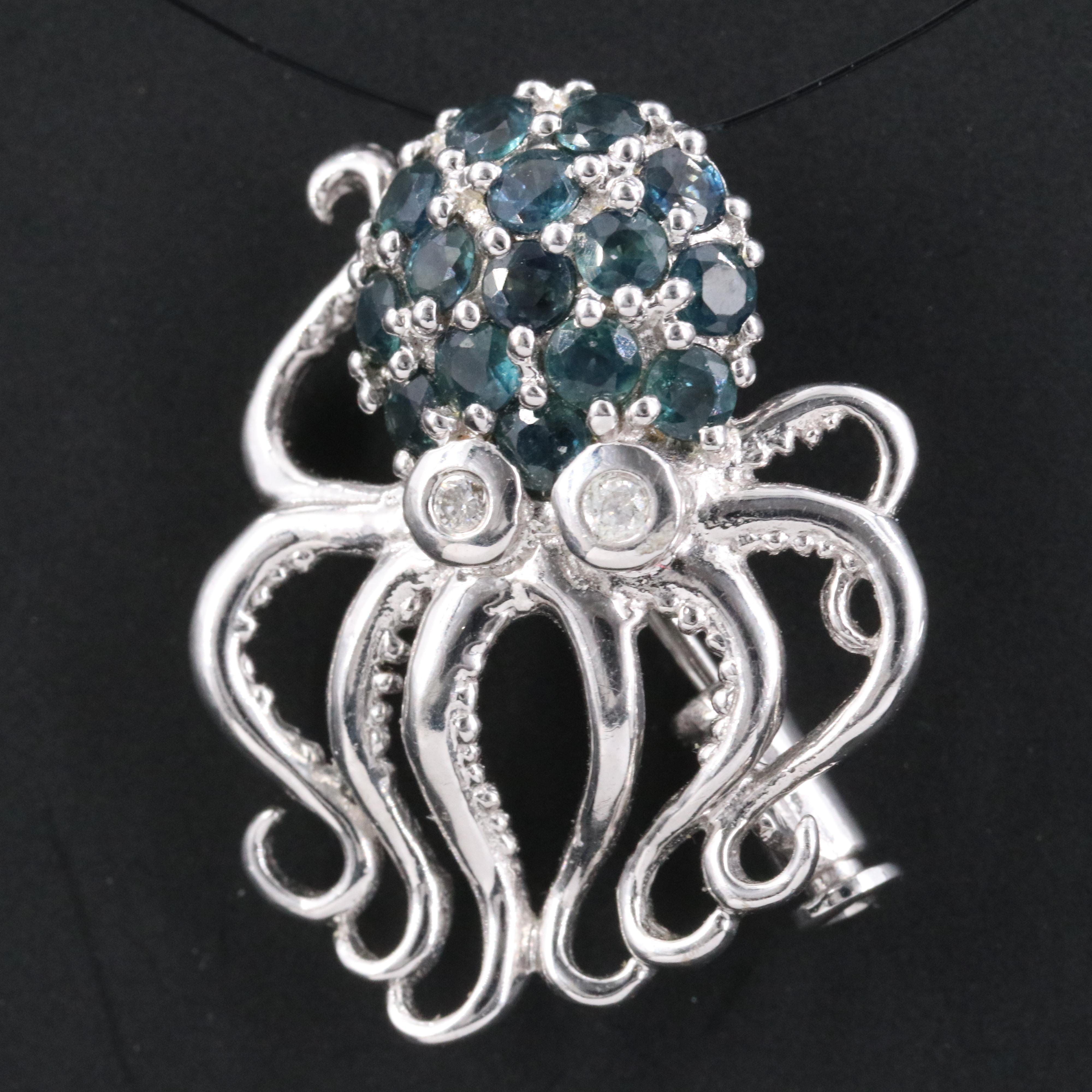14K Sapphire and Diamond Octopus Converter Brooch | Barnebys