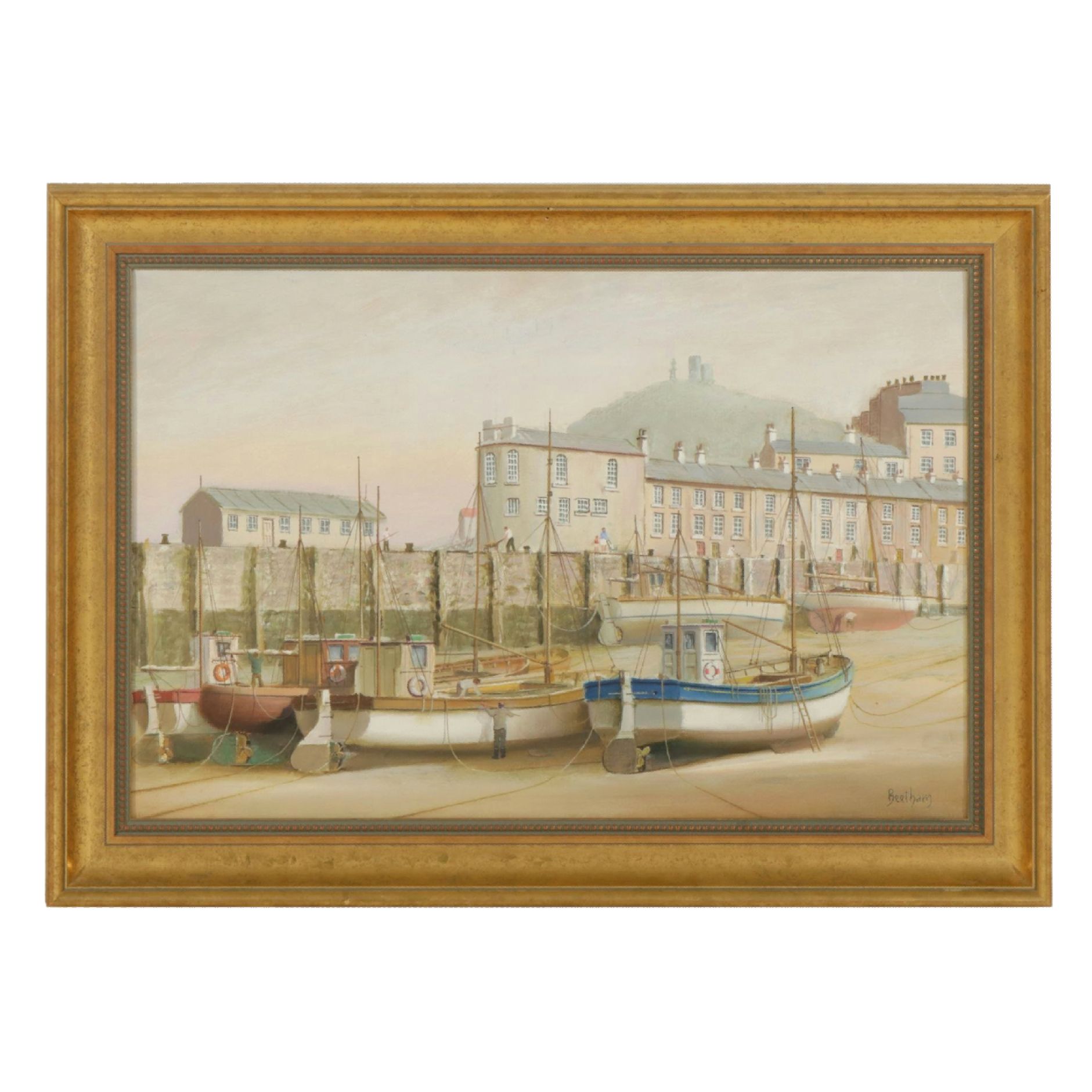 J. Beetham Harbor Scene Oil Painting "Fishing Boats at Tenby", Late ...