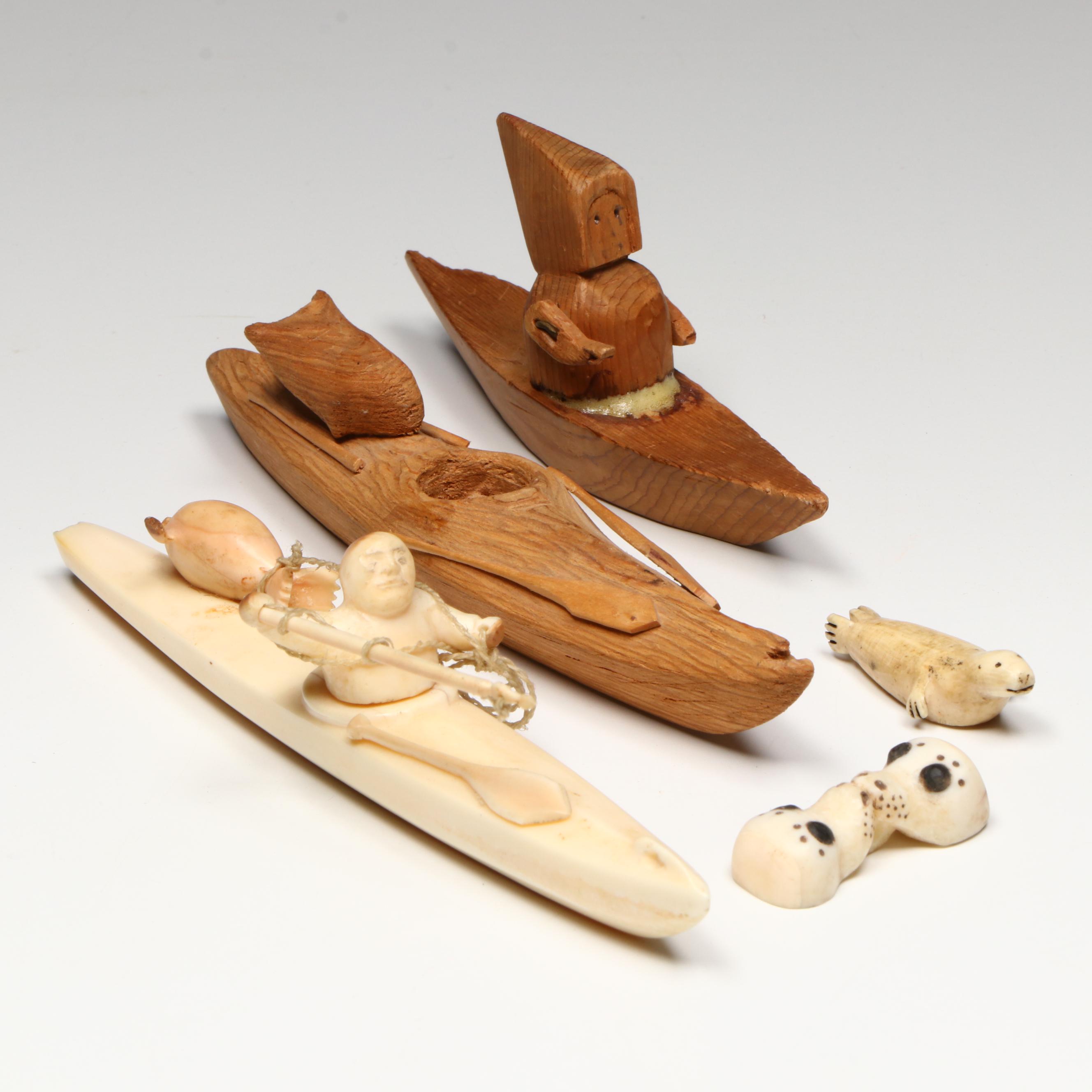 Inuit Hand-Carved Walrus Ivory Hunter in Kayak with Seals and Wood ...
