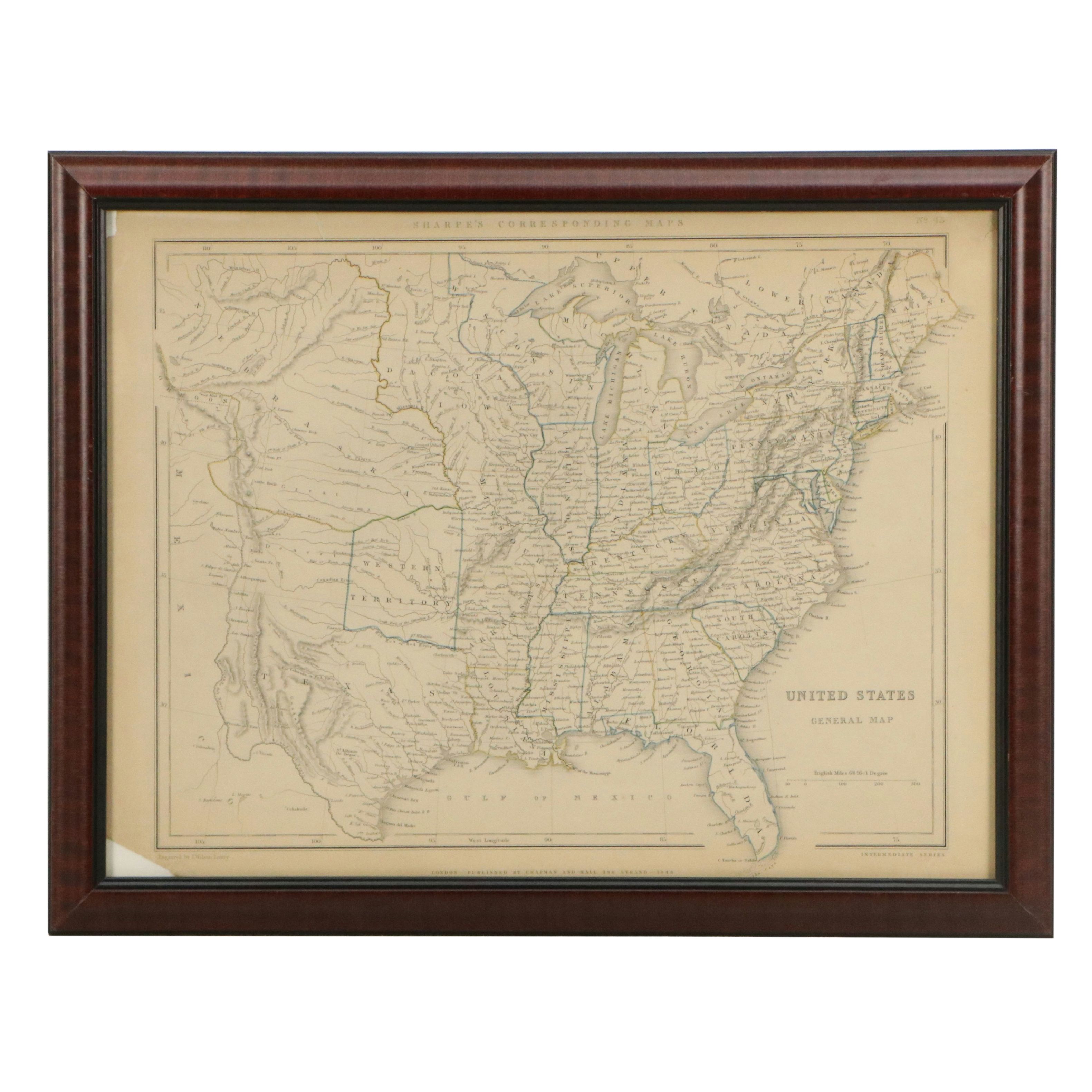 Chapman & Hall Hand-Colored Engraving "United States General Map," 1848 ...