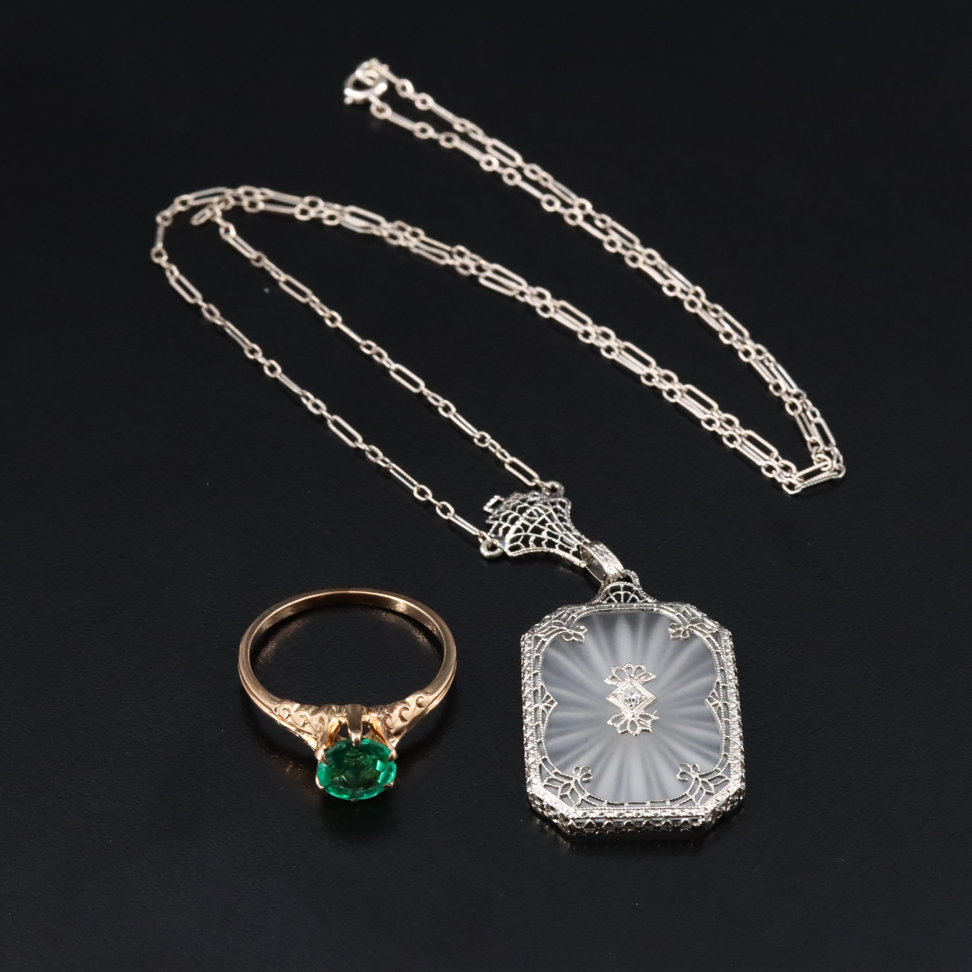 14K Rock Crystal and Diamond Necklace and 10K Garnet Glass Doublet Ring ...