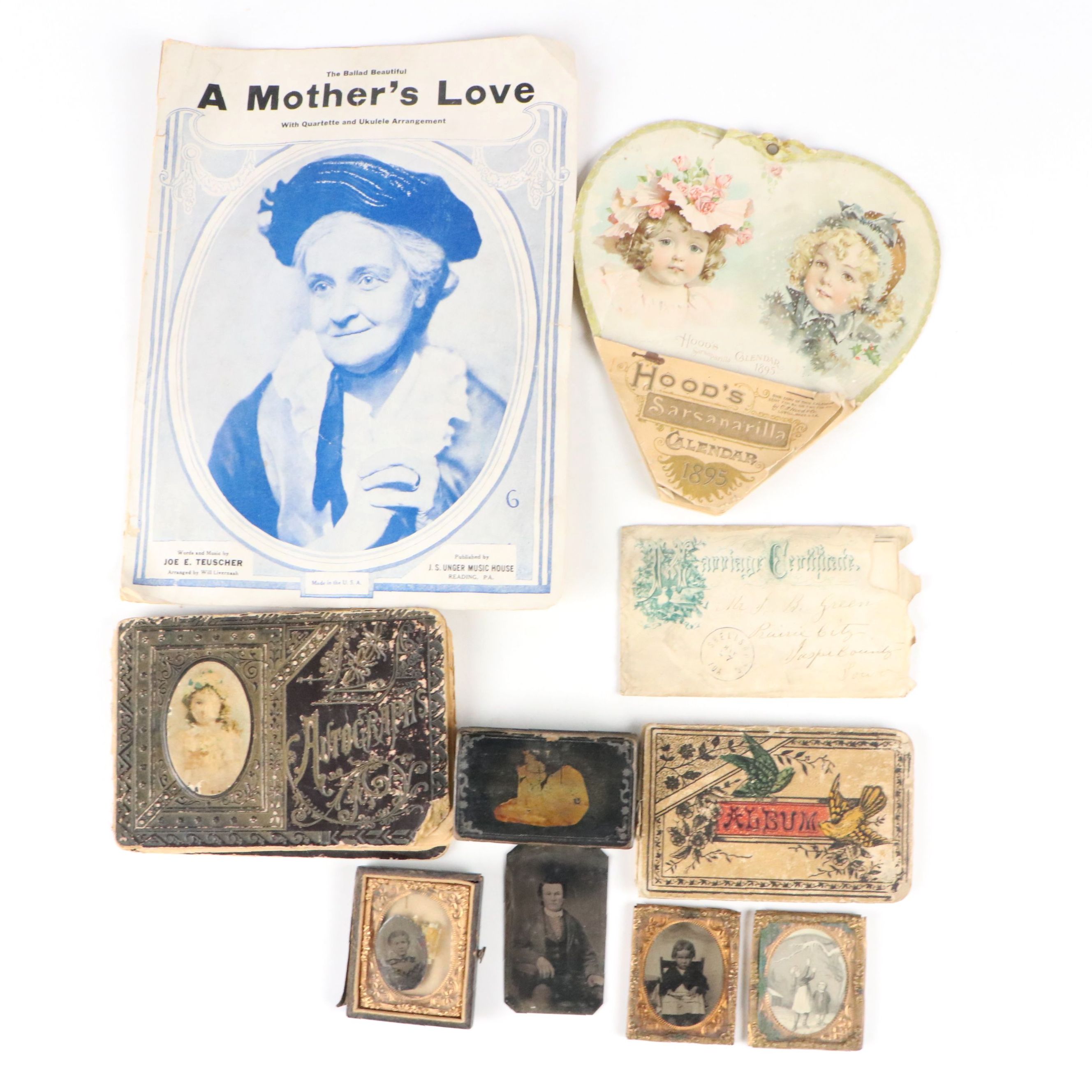 Hood's Sarsaparilla 1895 Calendar with Tintypes, Marriage Certificate ...