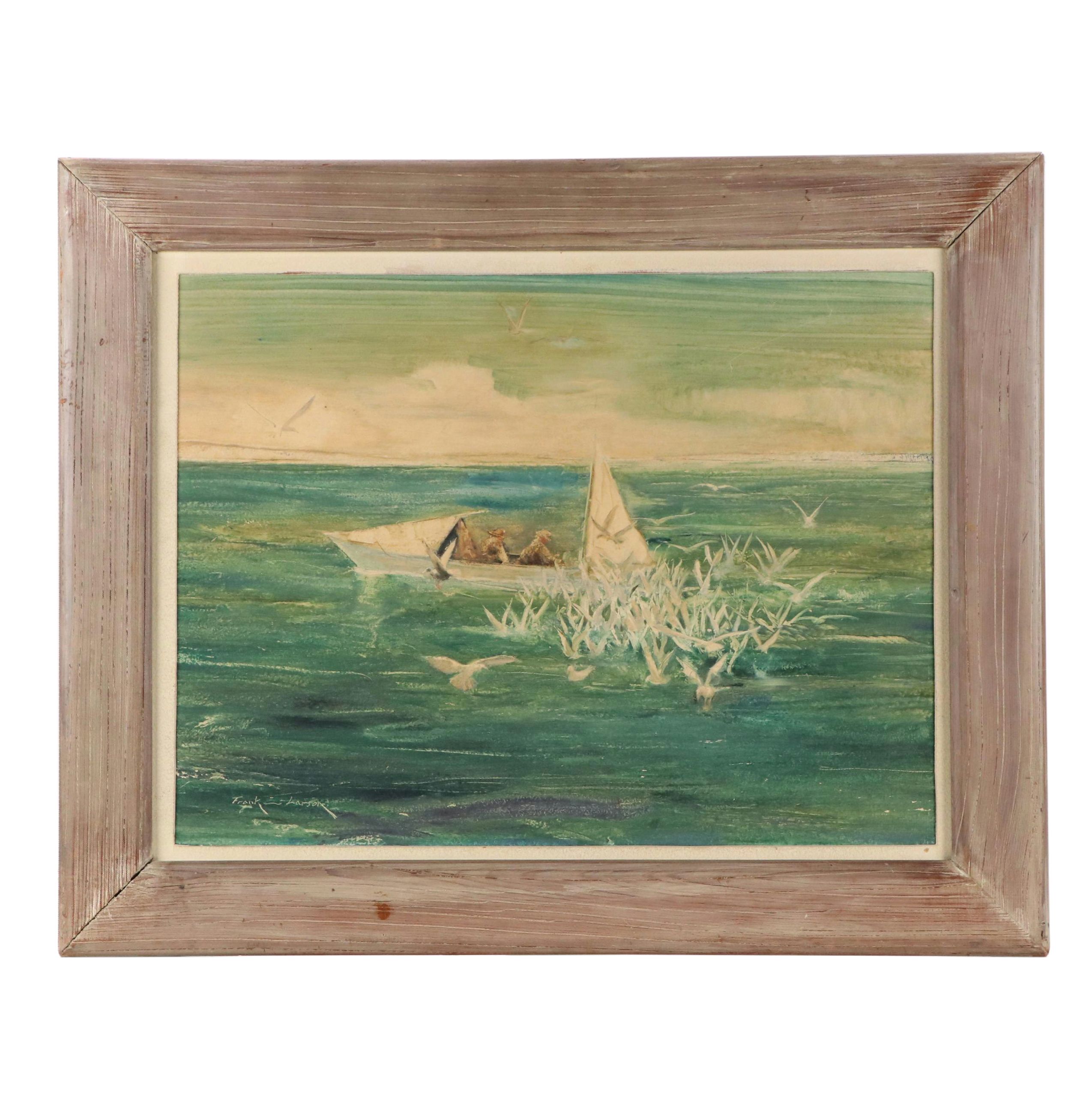 Frank E. Larson Oil Painting of Fishing Boat Surrounded by Gulls, Circa ...