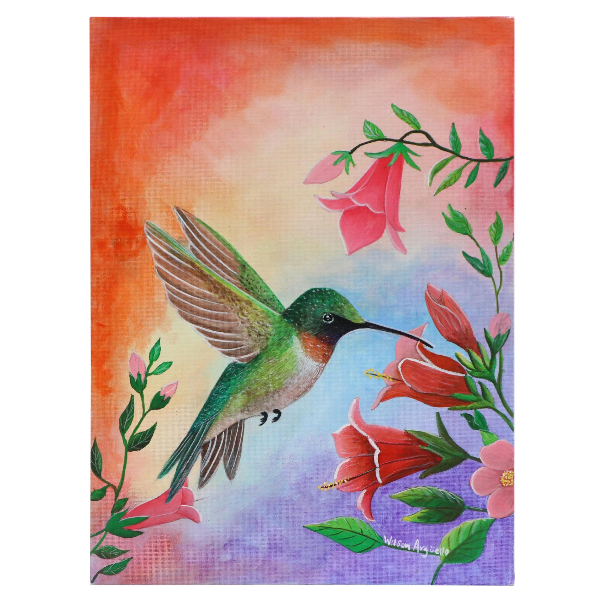 Wilson Argüello Acrylic Painting Hummingbird with Trumpet Flowers, 21st ...