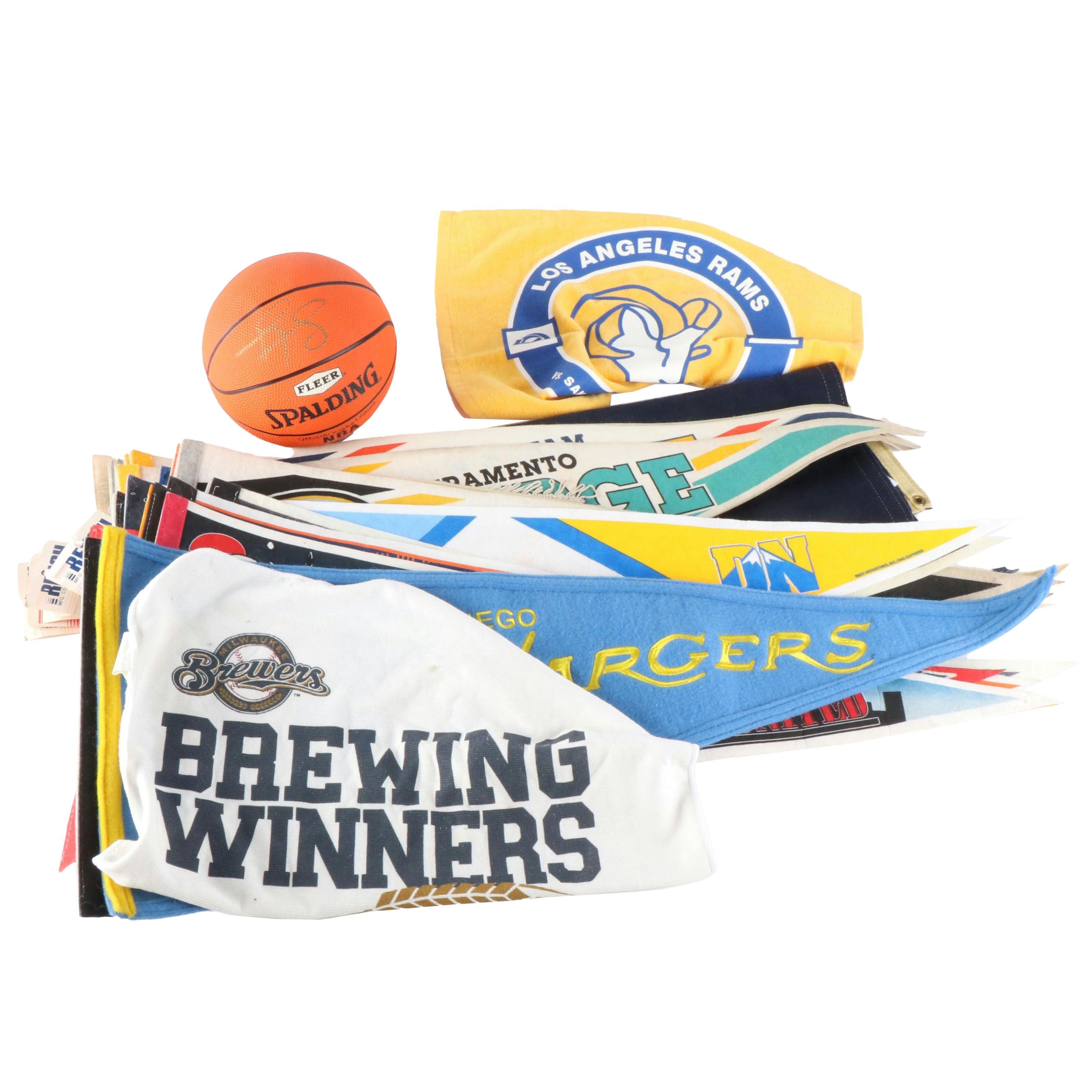 Collection of Over 20 Sports Pennants and a Signed Mini Basketball ...