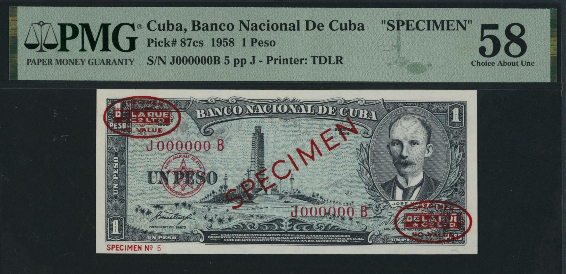 Banco Nacional de Cuba, specimen 1 Peso, 1958, serial number J000000B ...