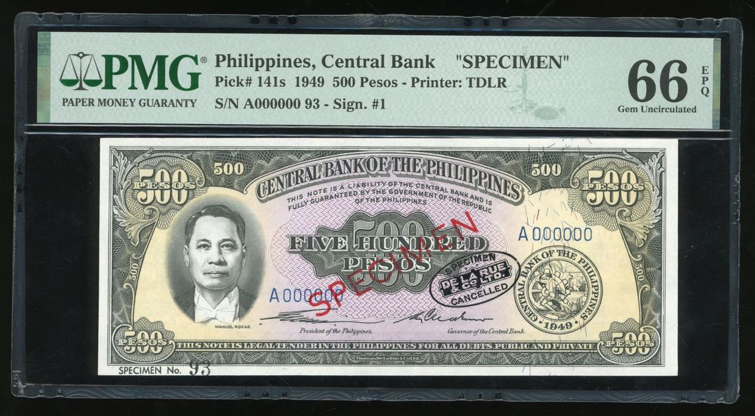 Central Bank of The Philippines, specimen 500 pesos, 1949, serial ...