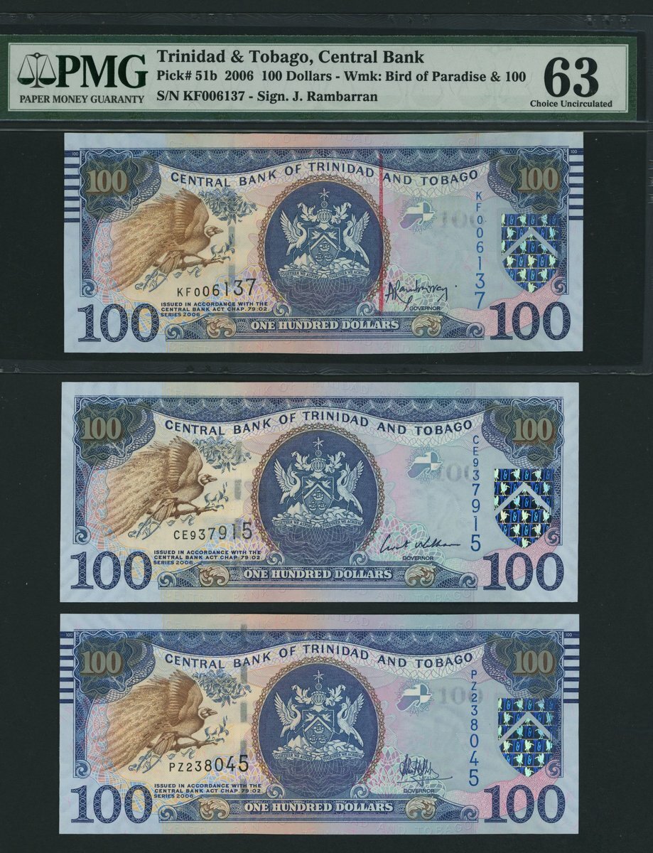 Central Bank of Trinidad & Tobago, [3 notes] 100 Dollars, 2006, serial ...