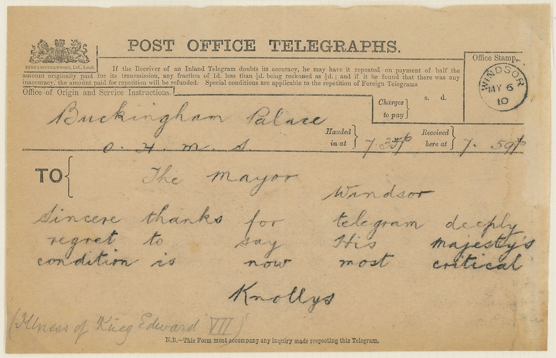 Great Britain Death of King Edward VII 1910 (6 and 8 May) two telegrams ...
