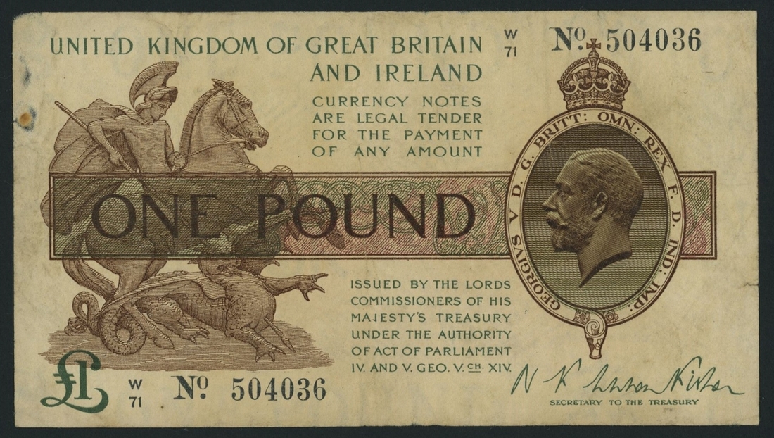 Treasury Series, Great Britain, F. F. W Fisher, £1, ND (1919), serial ...