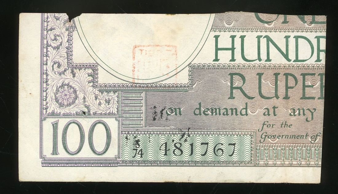 Burma, Government of India, part of a 100 rupees, ND (1927), Rangoon ...