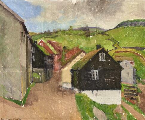 Samuel Joensen-Mikines: Mykines village, The Faroe Islands 1957. Signed ...