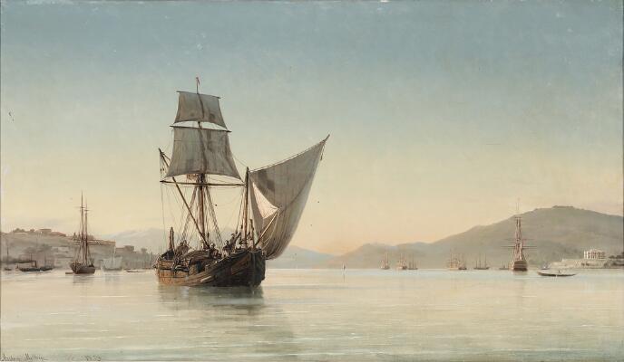 Anton Melbye: A busy day on the Bosporus. Signed and dated Anton Melbye ...