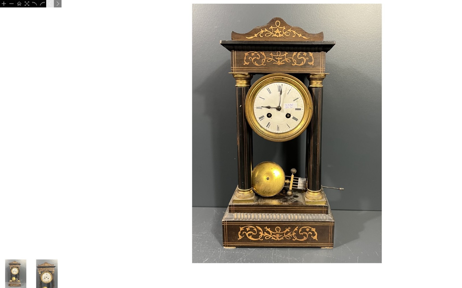 Column mantel clock with floral inlays, thread inlays and brass ...