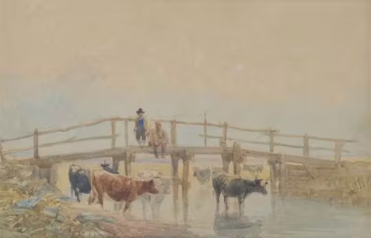 DAVID COX SEN. (BRITISH 1783-1859), CATTLE IN A STREAM WITH FIGURES ON ...